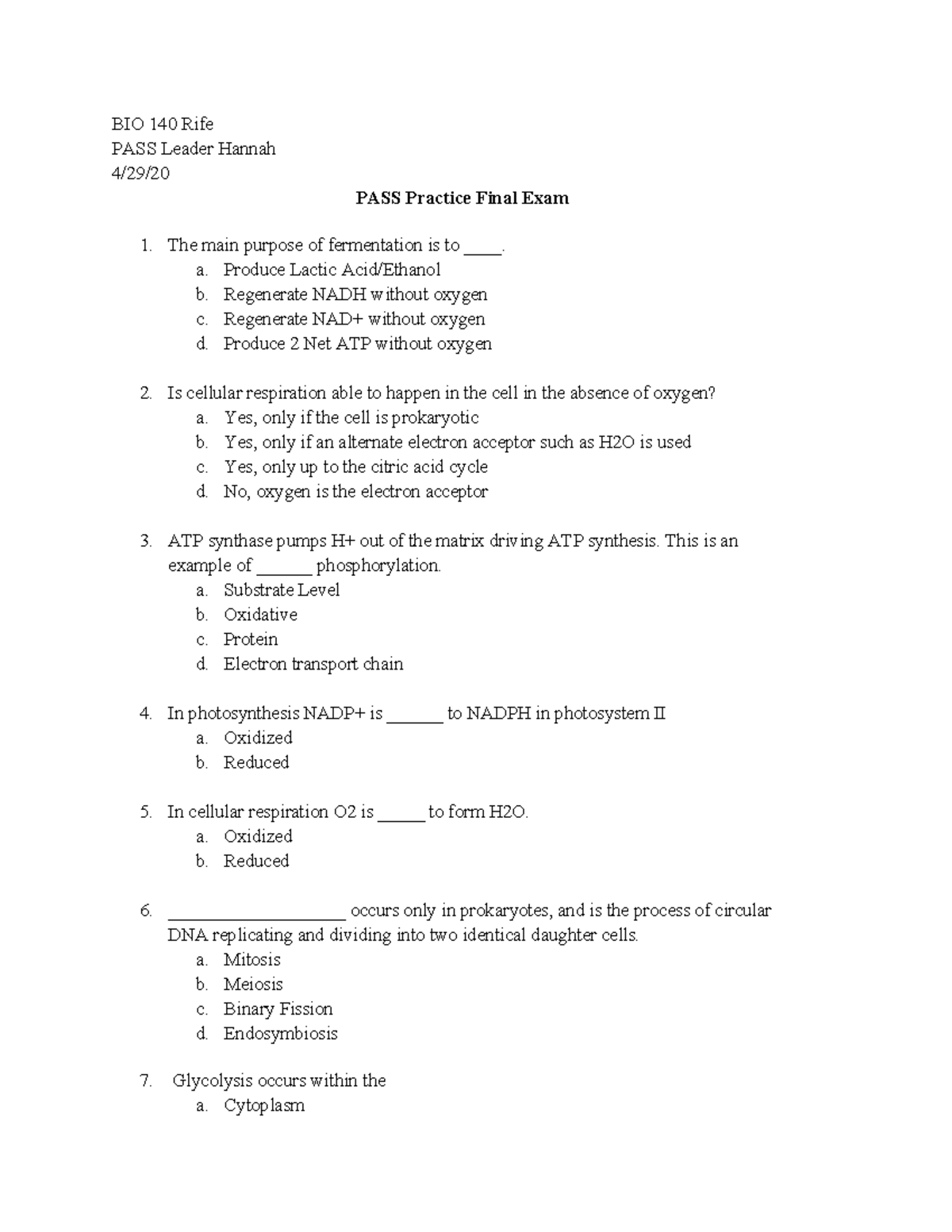 PASS Practice Final Exam - BIO 140 Rife PASS Leader Hannah 4/29/ PASS ...