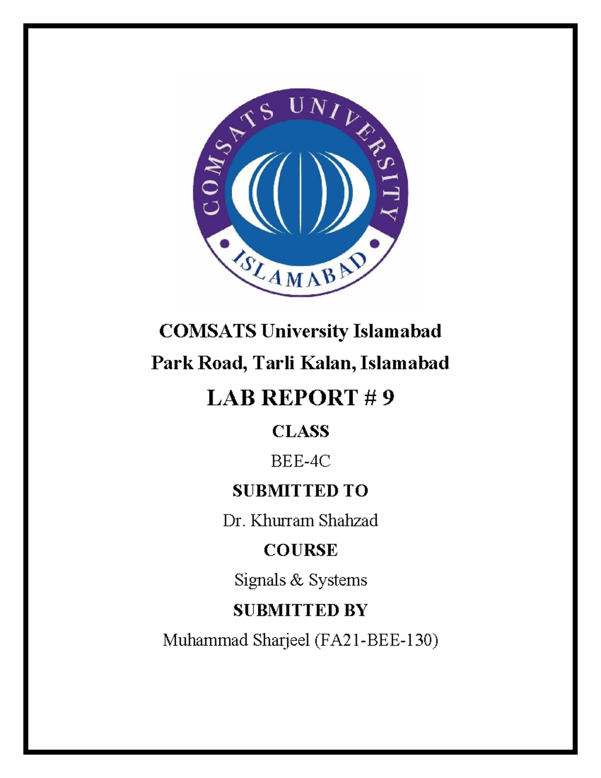 S&S-LAB-9 - SNS LAB 9 - COMSATS University Islamabad Park Road, Tarli Kalan, Islamabad LAB ...