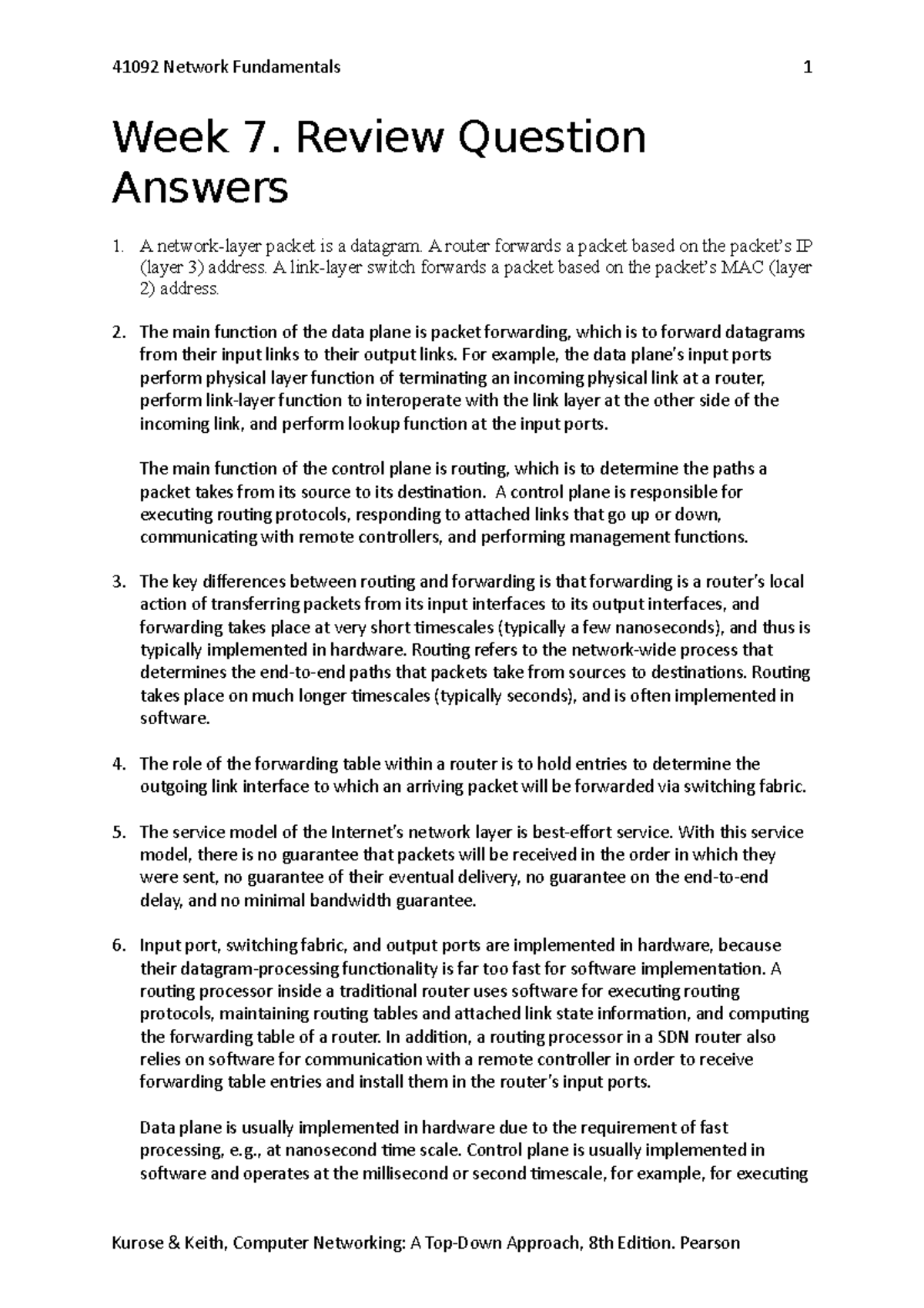 Week7-Review Question Answer - 41092 Network Fundamentals Week 7. Review Question Answers A ...