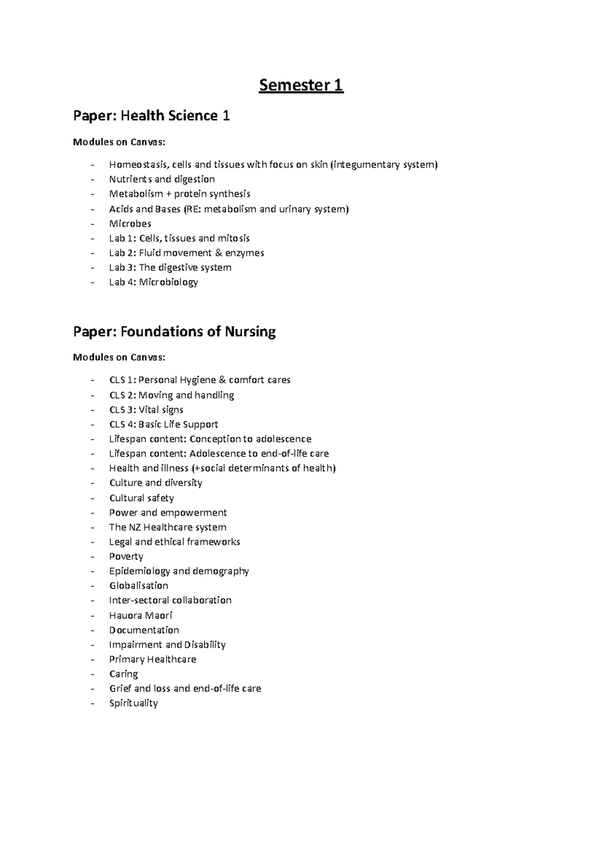 Study Topics from Canvas Modules - Semester 1 Paper: Health Science 1 ...