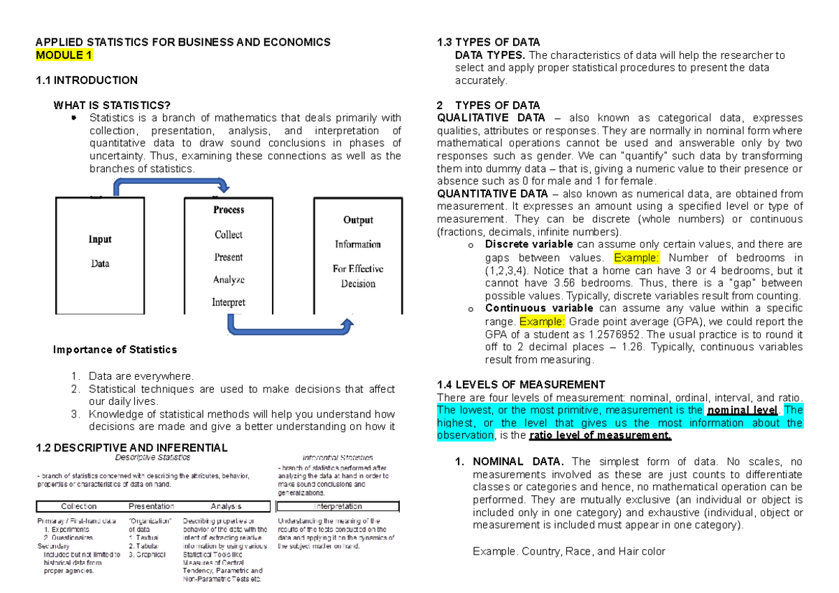Applied Statistics FOR Business AND Economics Midterms Reviewer ...