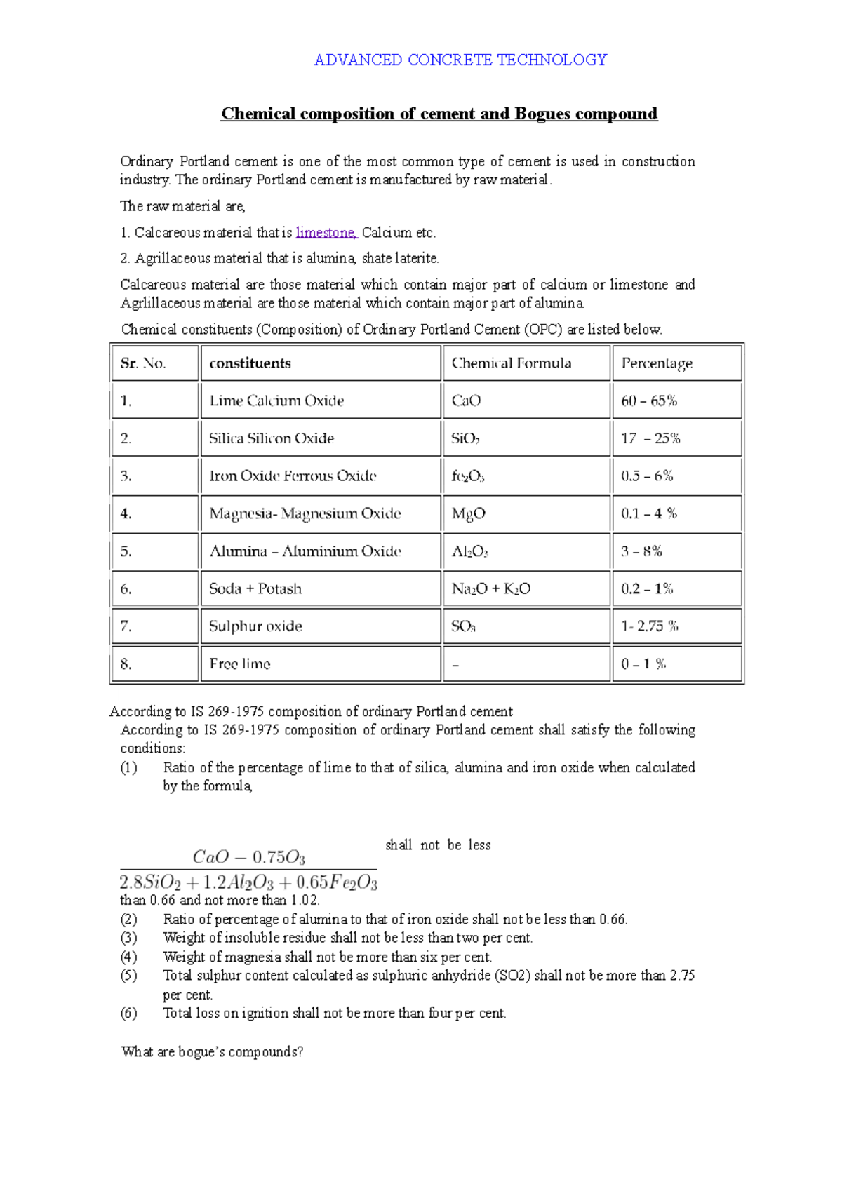 Chemical composition of cement and Bogue's compound - The ordinary ...