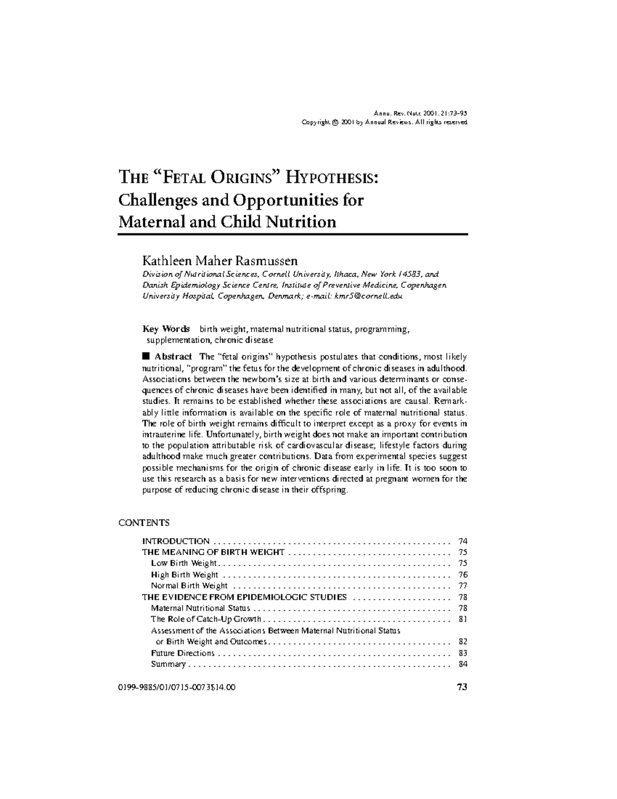 ARN2001 fetalorigins - rtyuiop - Annu. Rev. Nutr. 2001. 21:73 ...