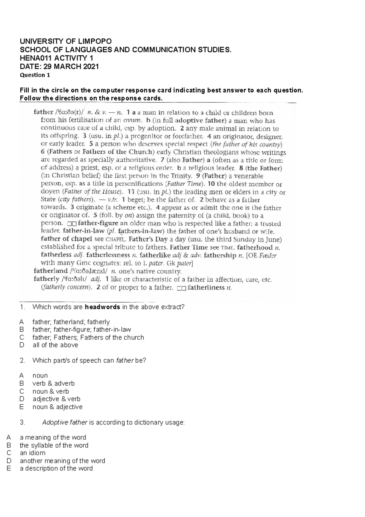 HENA011 Language Lecture 1 Activity 2021 - UNIVERSITY OF LIMPOPO SCHOOL ...