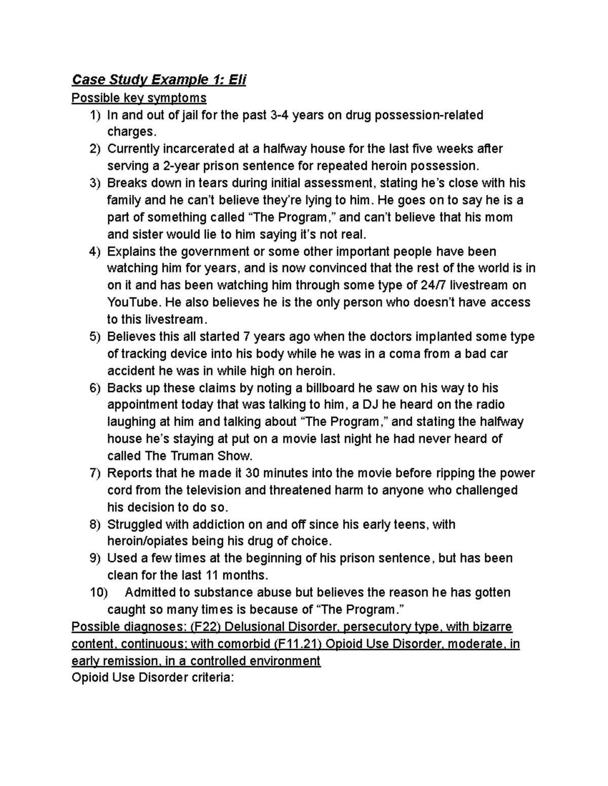 Advanced Diagnosis Midterm Exam - Case Study Example 1: Eli Possible ...