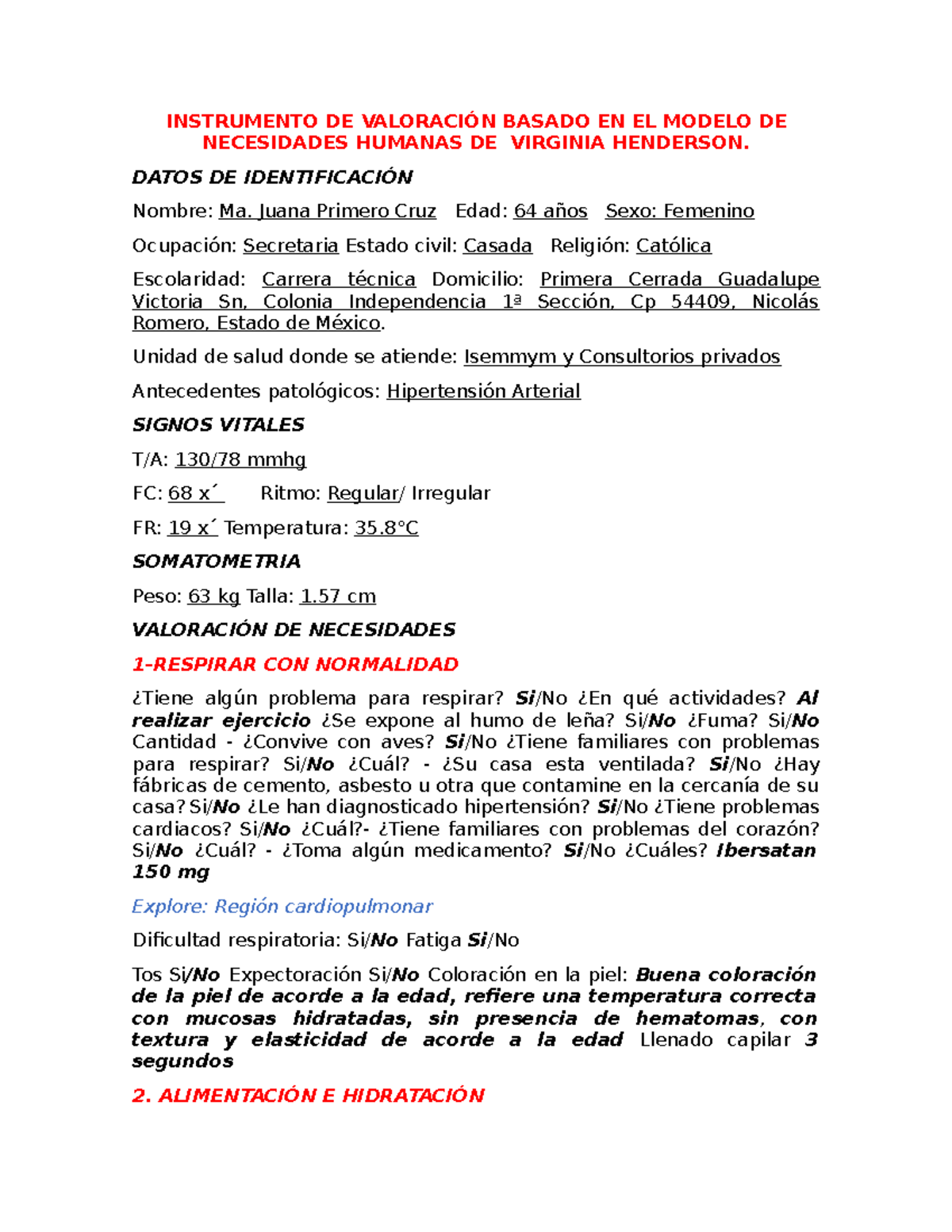 Instrumento DE Valoración Basado EN EL Modelo DE Necesidades Humanas DE Virginia Henderson - Studocu