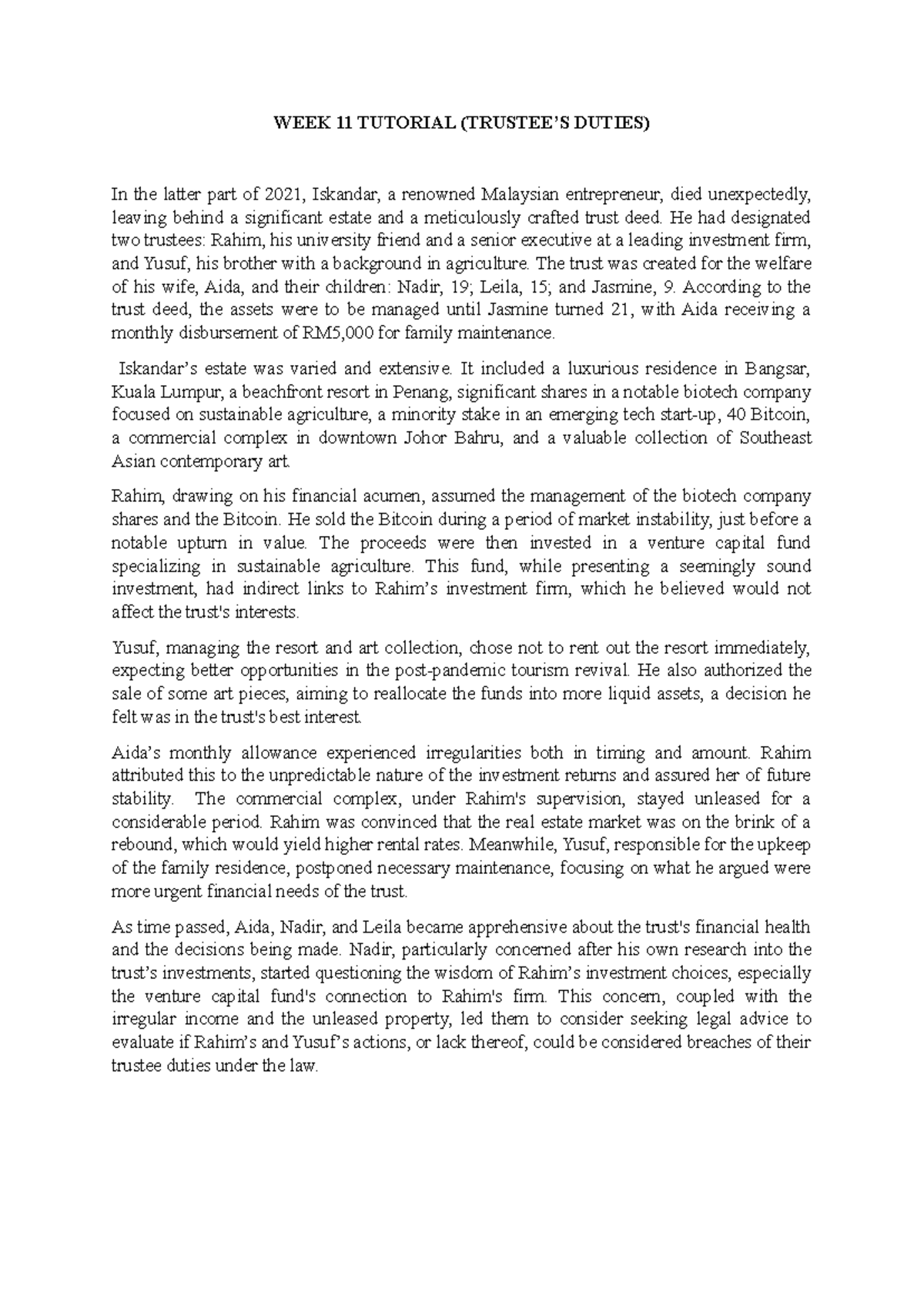 Week 11 Tutorial - tuto question - WEEK 11 TUTORIAL (TRUSTEE’S DUTIES ...