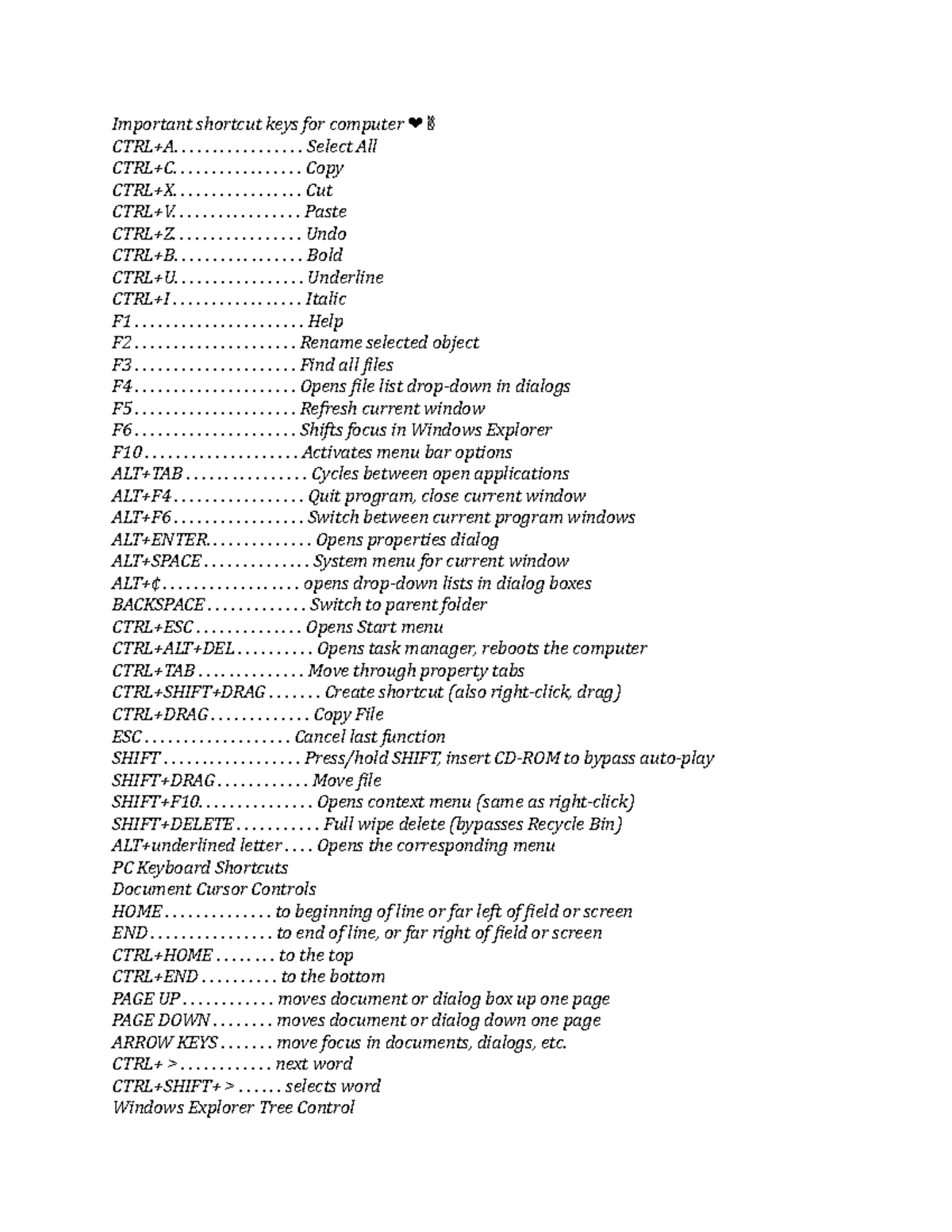 Important shortcut keys for computer - ................ Select All CTRL ...