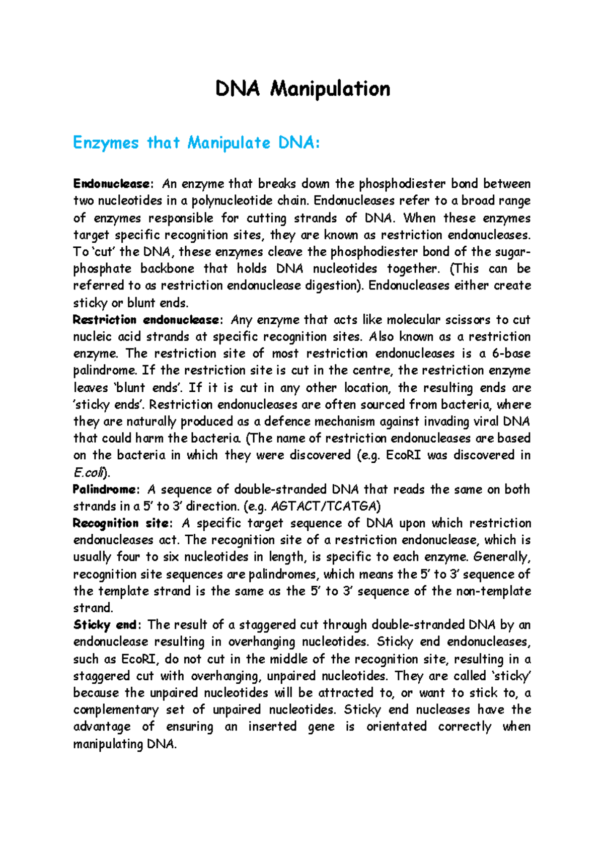 DNA Manipulation - .......... - DNA Manipulation Enzymes that ...