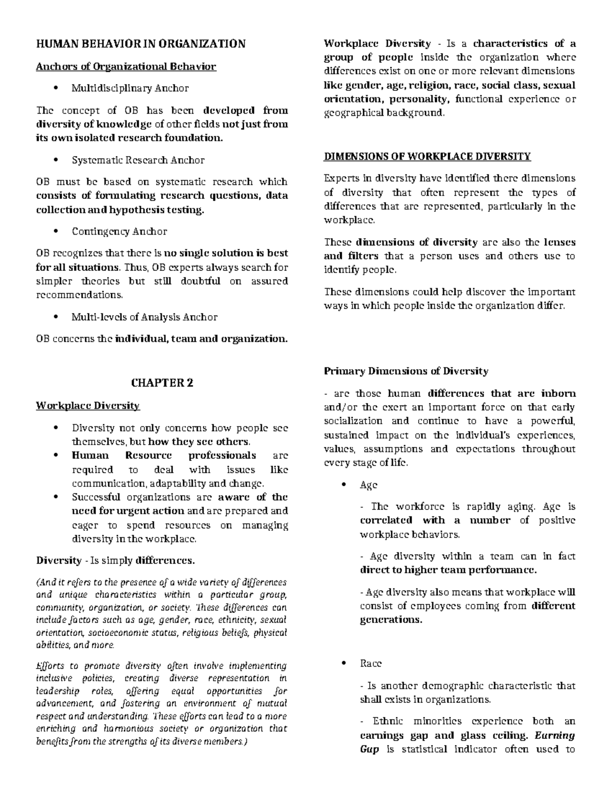 HBO Notes - HUMAN BEHAVIOR IN ORGANIZATION Anchors of Organizational ...