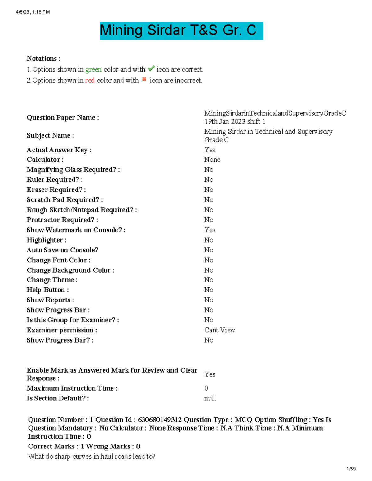 935Final Answer Key Mining Sirdar TS Gr C - TCSiON CAE Notations : 1 shown in green color and ...