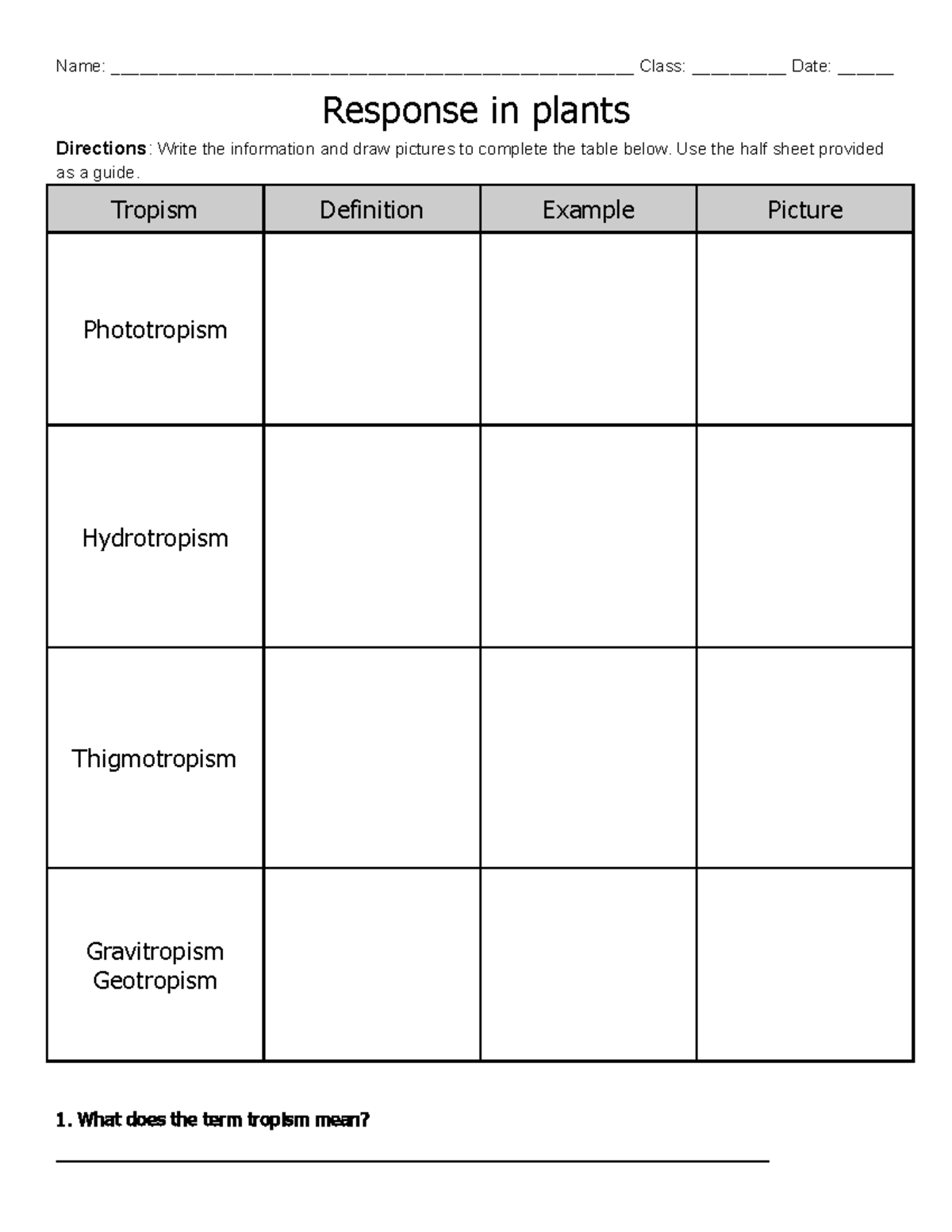 Plant Response Worksheet - Name ...