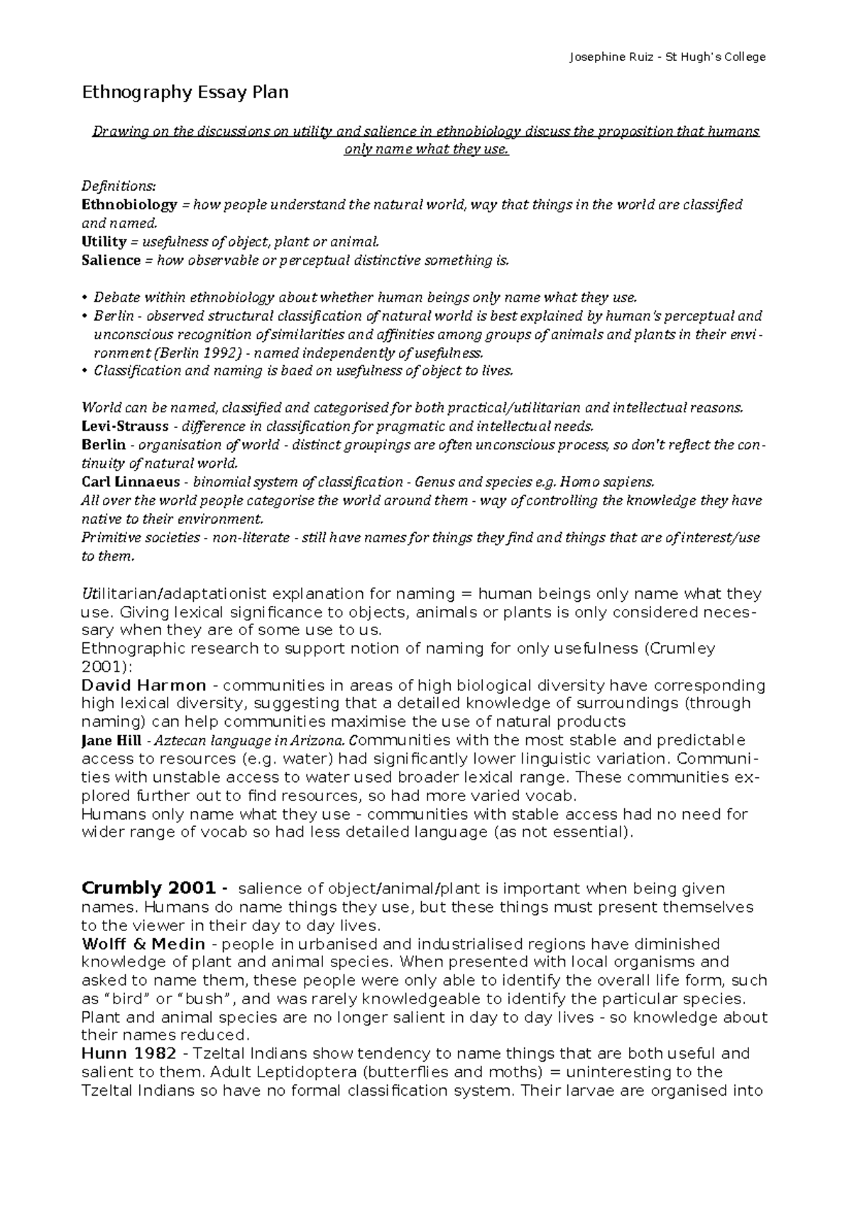 Ethnobiology Essay Plan - Utility:Salience - Josephine Ruiz - St Hugh’s ...