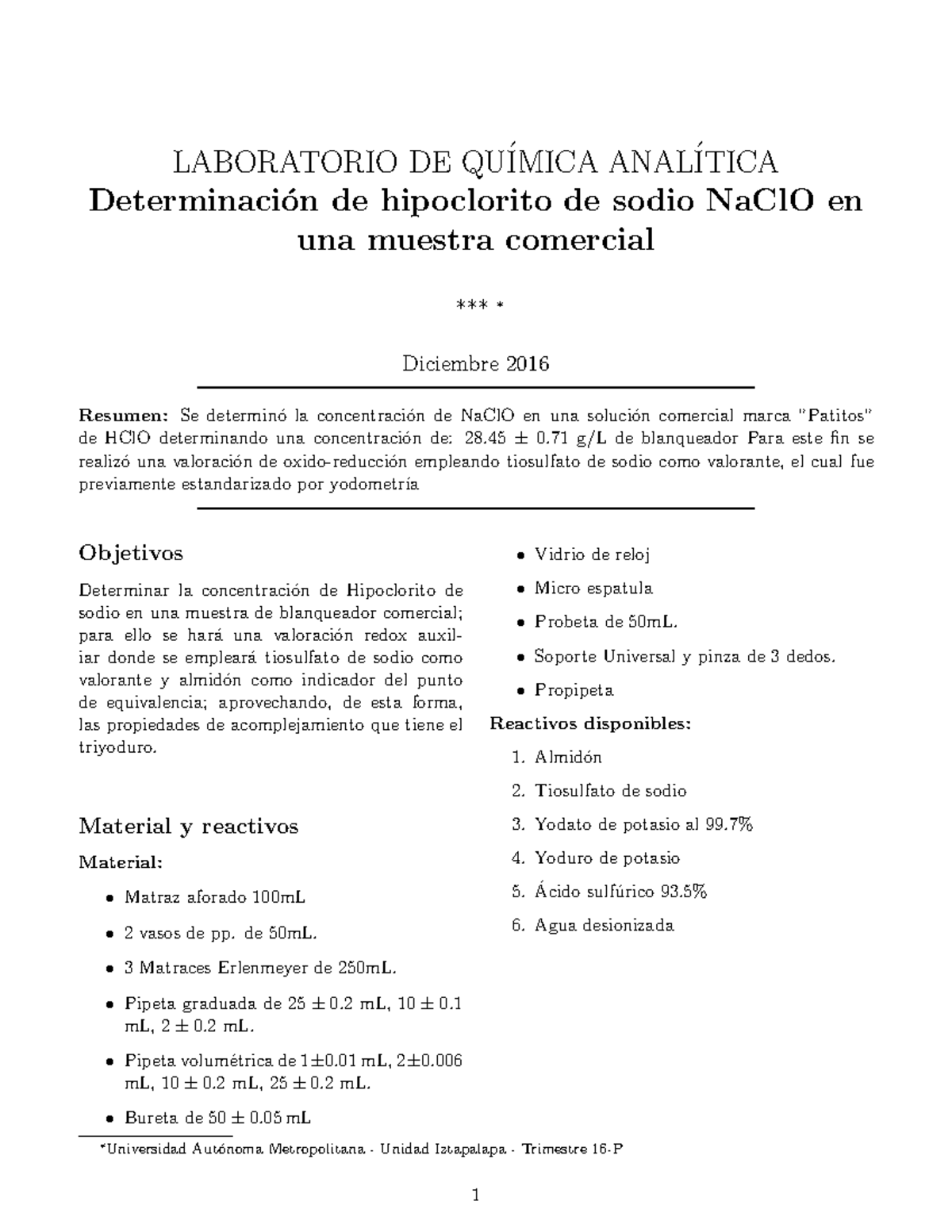 Guia Metodo G Reporte De Laboratorio Sobre La Dererminación De Naclo