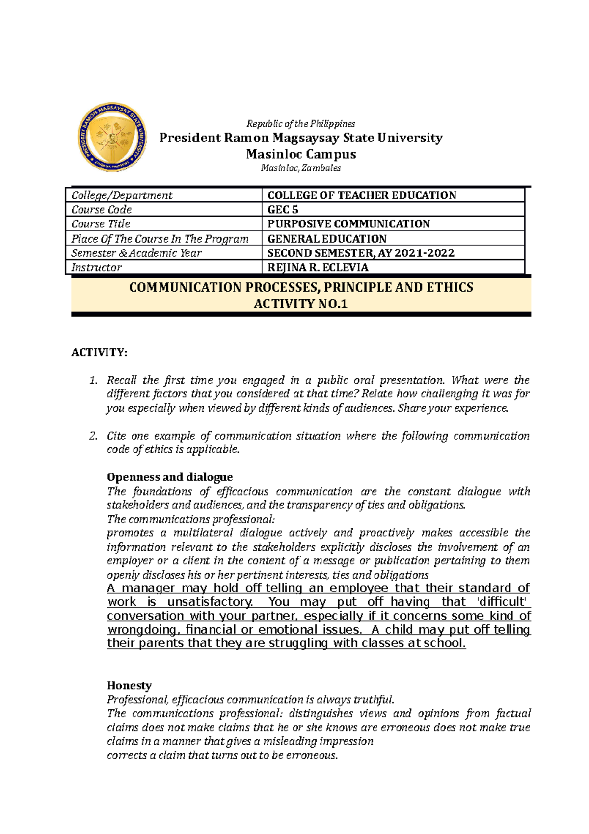 GEC 5 Activity #1 - halaman - Republic of the Philippines President ...