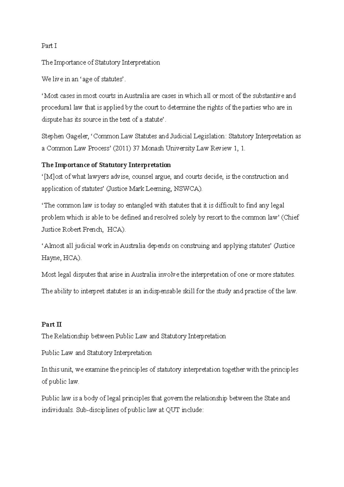 Statutory Interpretation - summary notes - Part I The Importance of ...