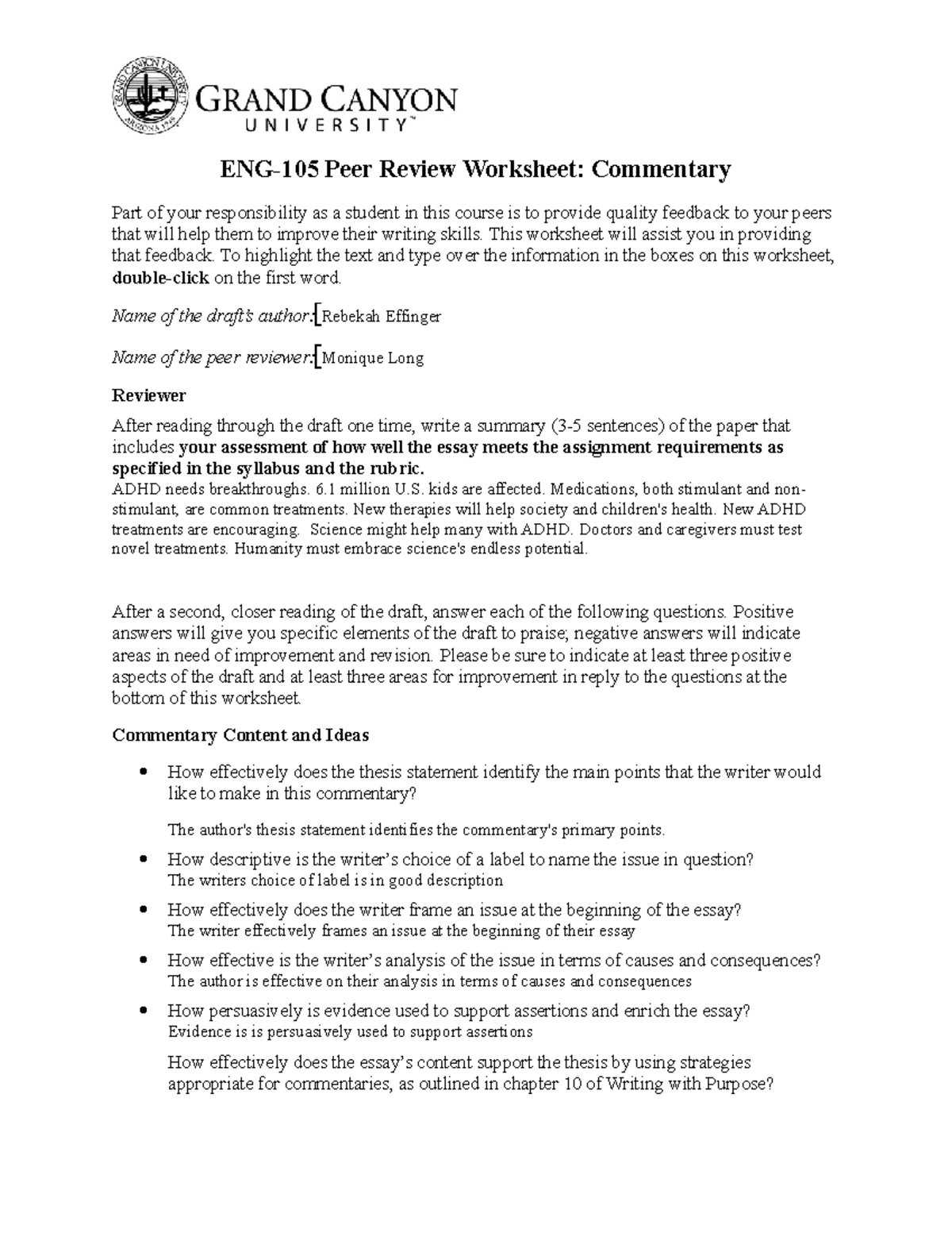 ENG105 Commentary Peer Review Worksheet - ENG-105 Peer Review Worksheet ...