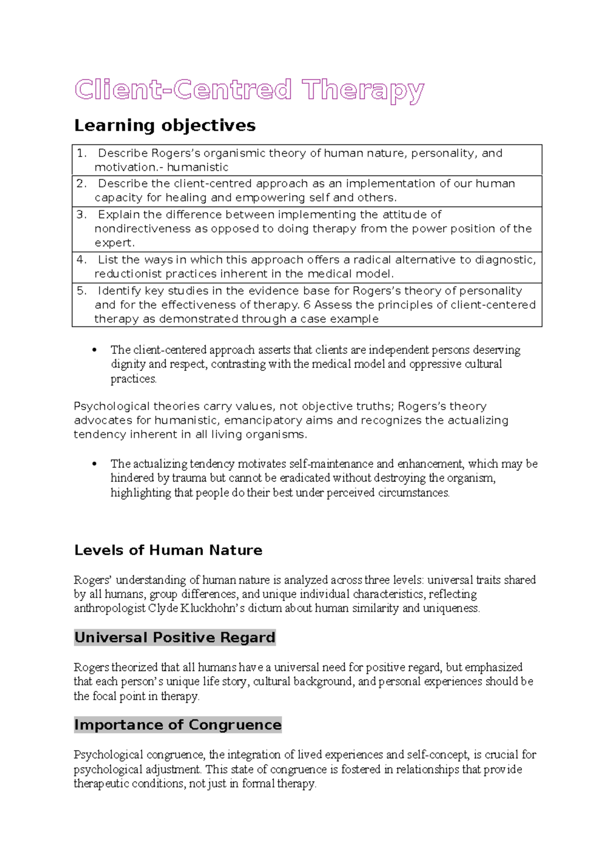 Client centered - These are notes based on the textbook and lecture ...