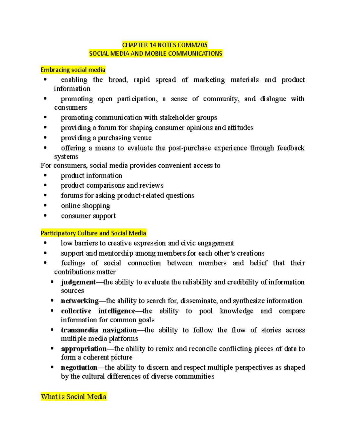 Chapter 14 Notes COMM205 - CHAPTER 14 NOTES COMM SOCIAL MEDIA AND ...