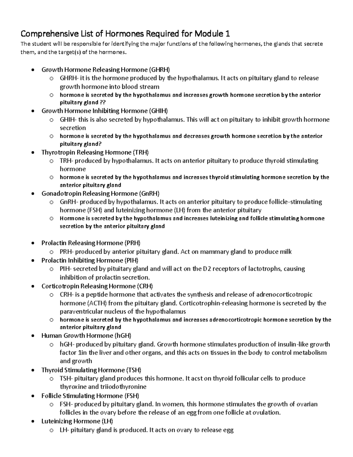 Lab Endocrine Hormone List Week 1 Lab - Comprehensive List of Hormones ...
