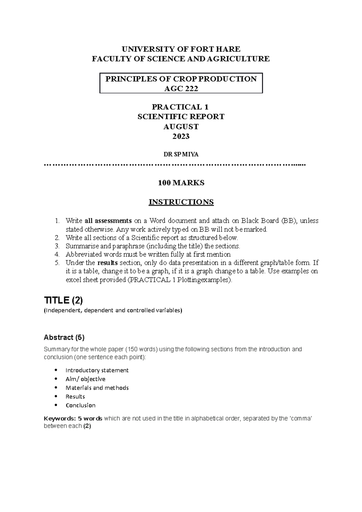 Scientific report structure - UNIVERSITY OF FORT HARE FACULTY OF ...
