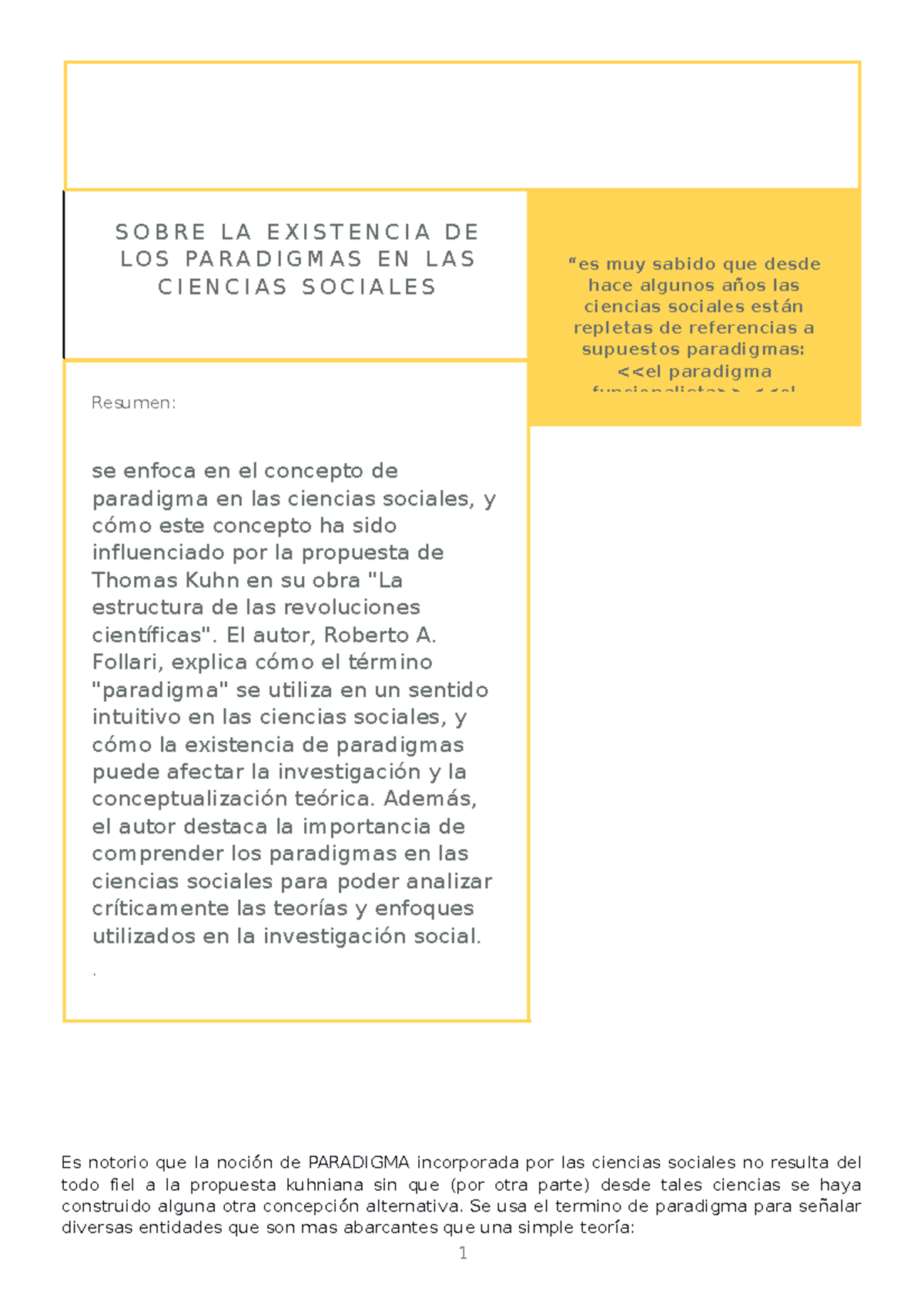 Texto de follari resumen - S O B R E L A E X I S T E N C I A D E L O S P A R A D I G M A S E N L ...