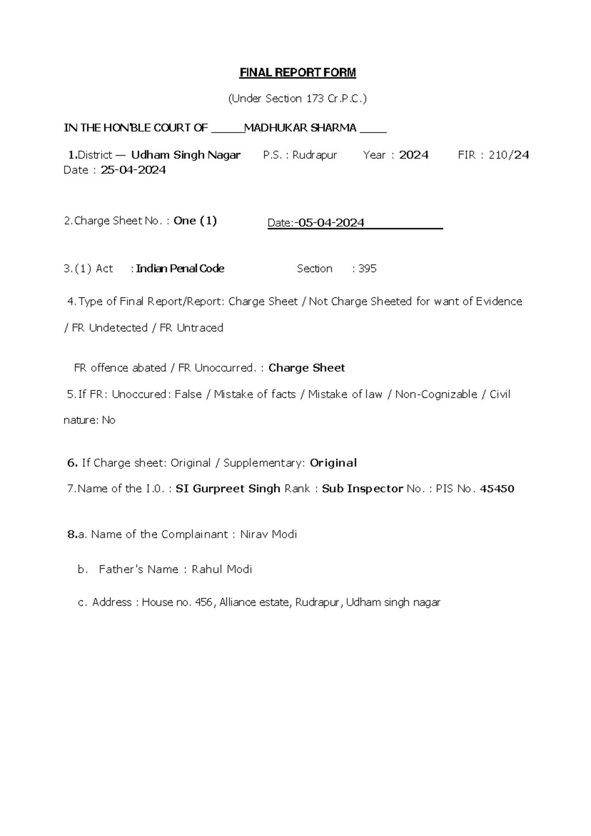 173 word - FINAL REPORT FORM (Under Section 173 Cr.P.) IN THE HON'BLE ...