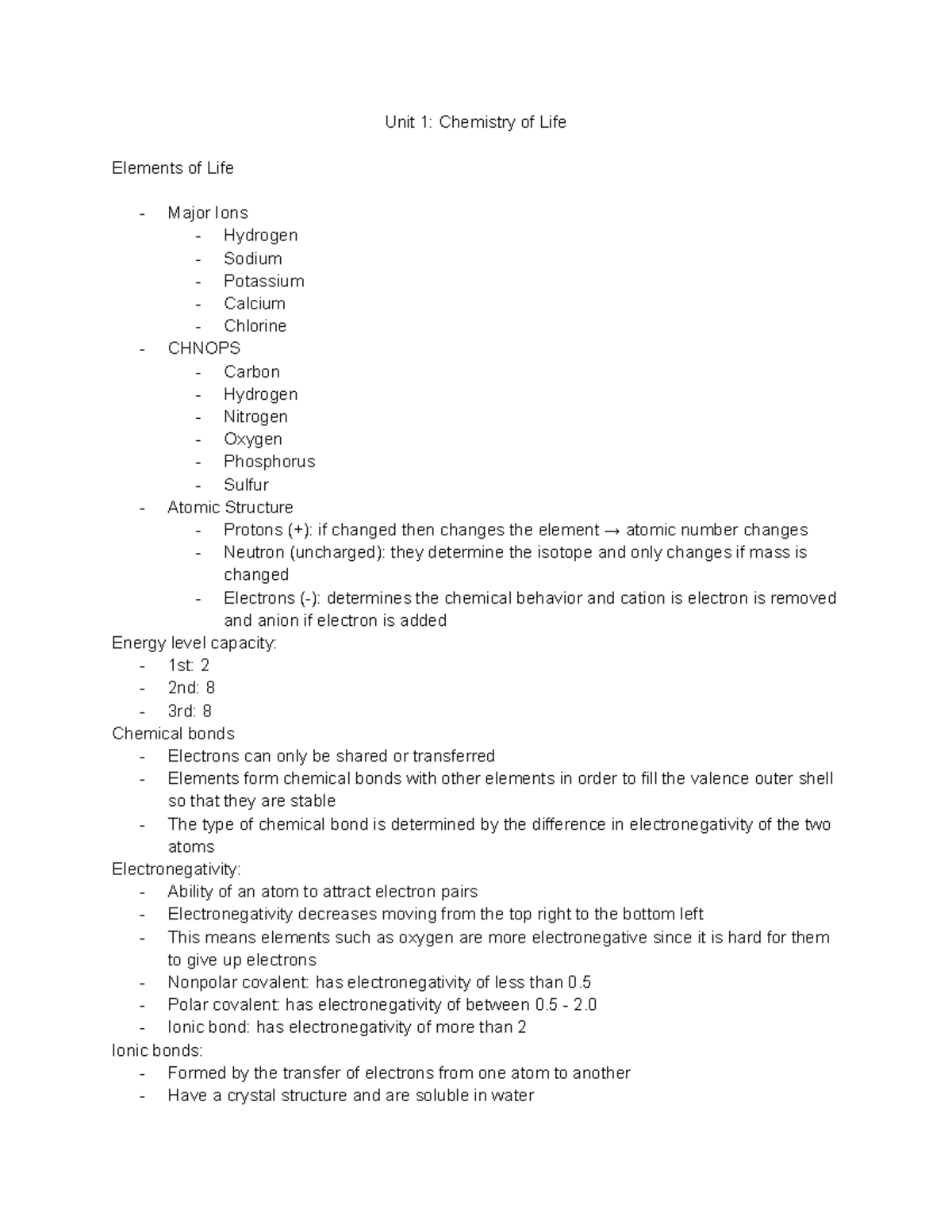 AP Bio Unit 1 Notes - Unit 1: Chemistry of Life Elements of Life Major ...