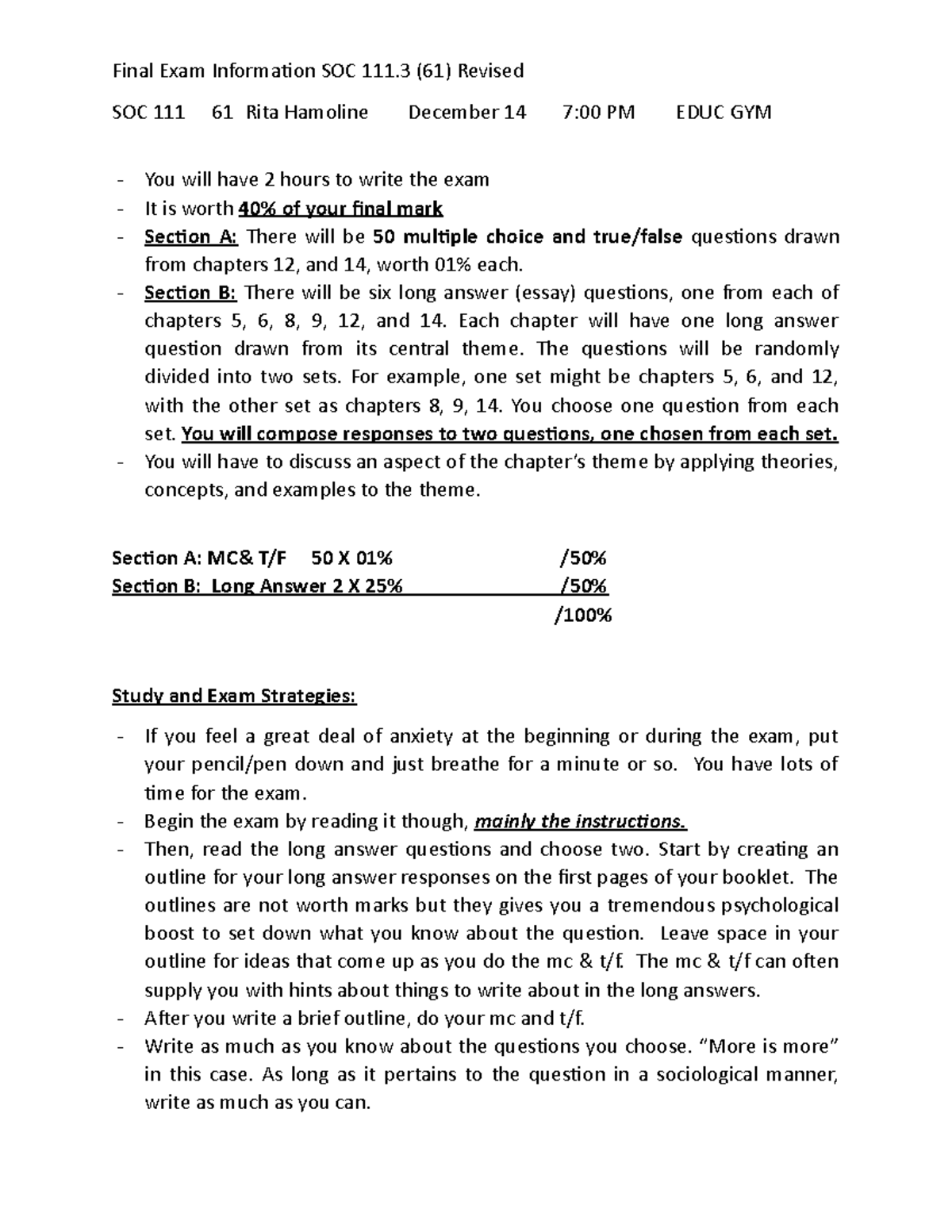 Final Exam Info SOC 111 61 Revised - Final Exam Information SOC 111 (61 ...