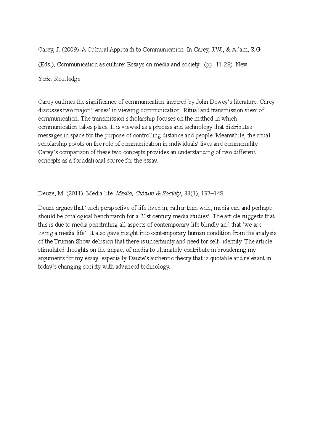 1001- annotated bibliography-2 - Carey, J. (2009). A Cultural Approach ...