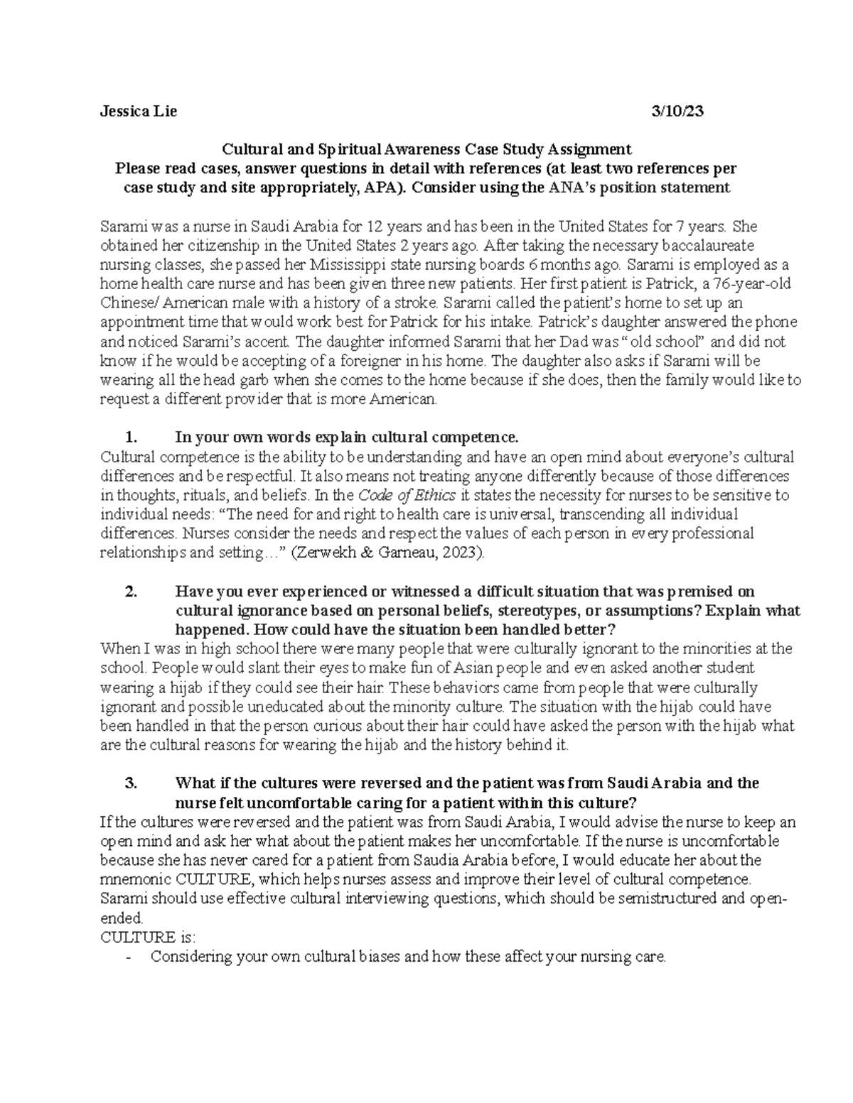 Case Study #2 Cultural and Spiritual Awareness - Jessica Lie 3/10 ...