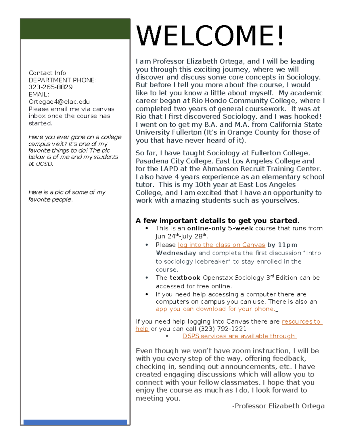 Welcome Letter Summer 24 (2nd 5week)SOC 1 - WELCOME! I am Professor ...