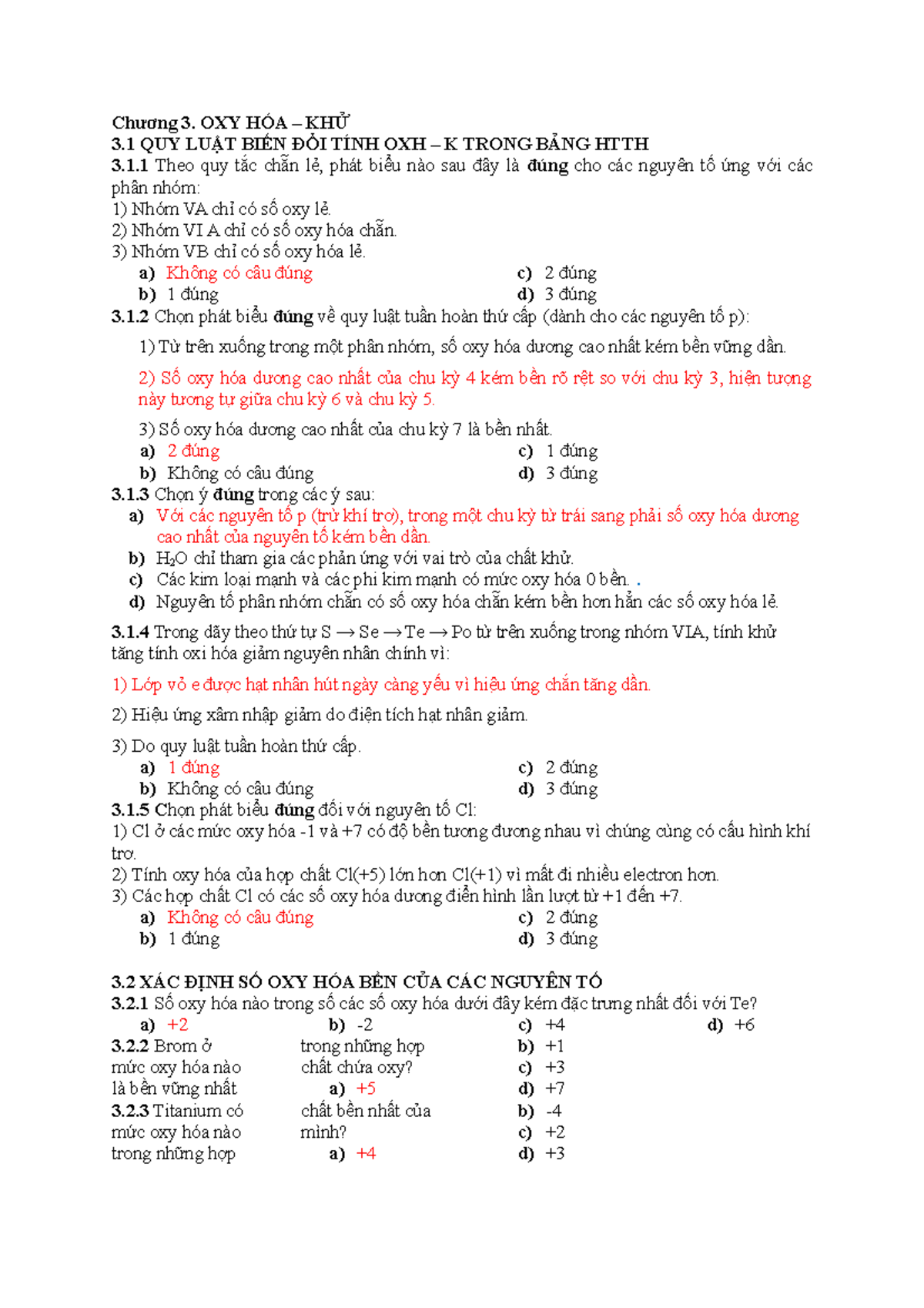 Chương 3. BTTN-OXH-K - Bài tập chương 3 - Chương 3. OXY HÓA – KHỬ 3 QUY LUẬT BIẾN ĐỔI TÍNH OXH ...