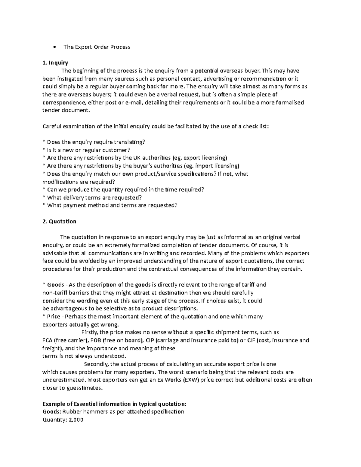 The Export Process - The Export Order Process Inquiry The beginning of ...