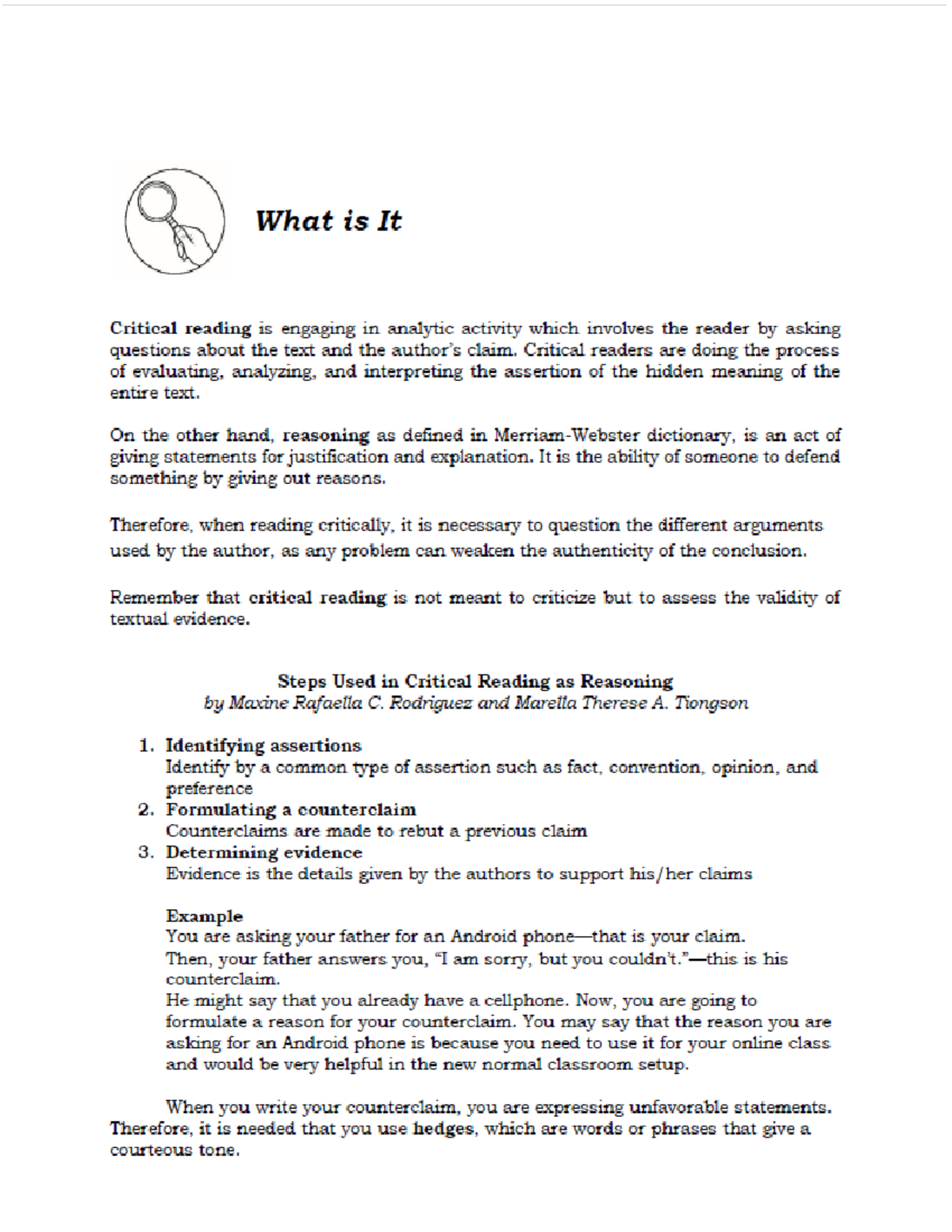 Additional notes to critical reading - Reading and Writing - Studocu