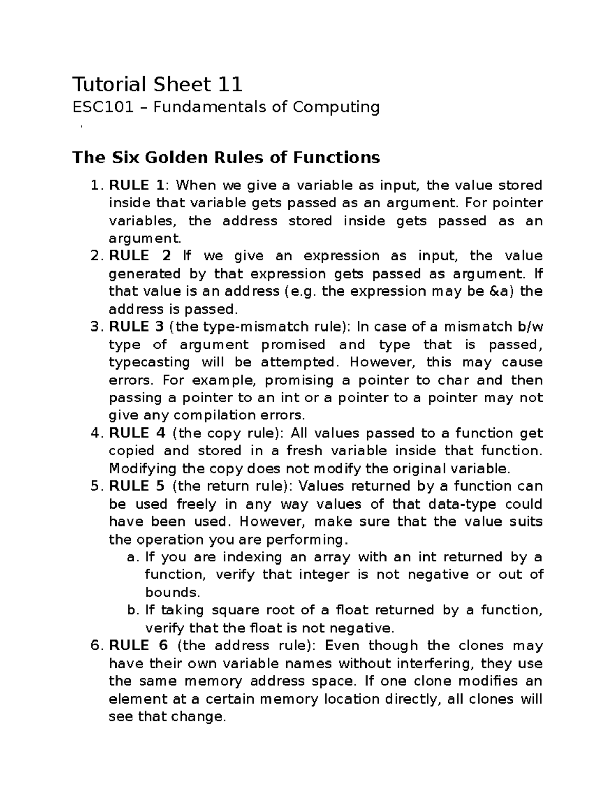 Week11 - Tutorial sheet shared by professor - Tutorial Sheet 11 ESC101 – Fundamentals of ...