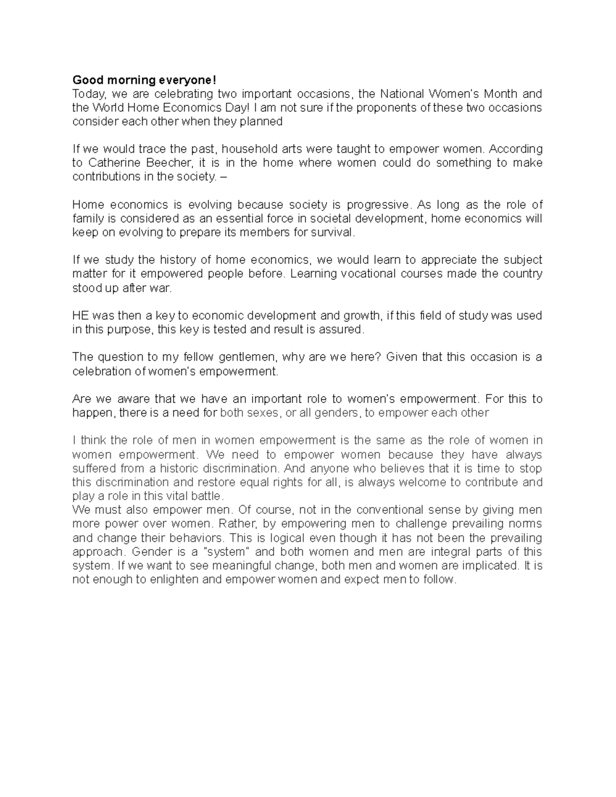 Women's Month Speech - Good morning everyone! Today, we are celebrating ...