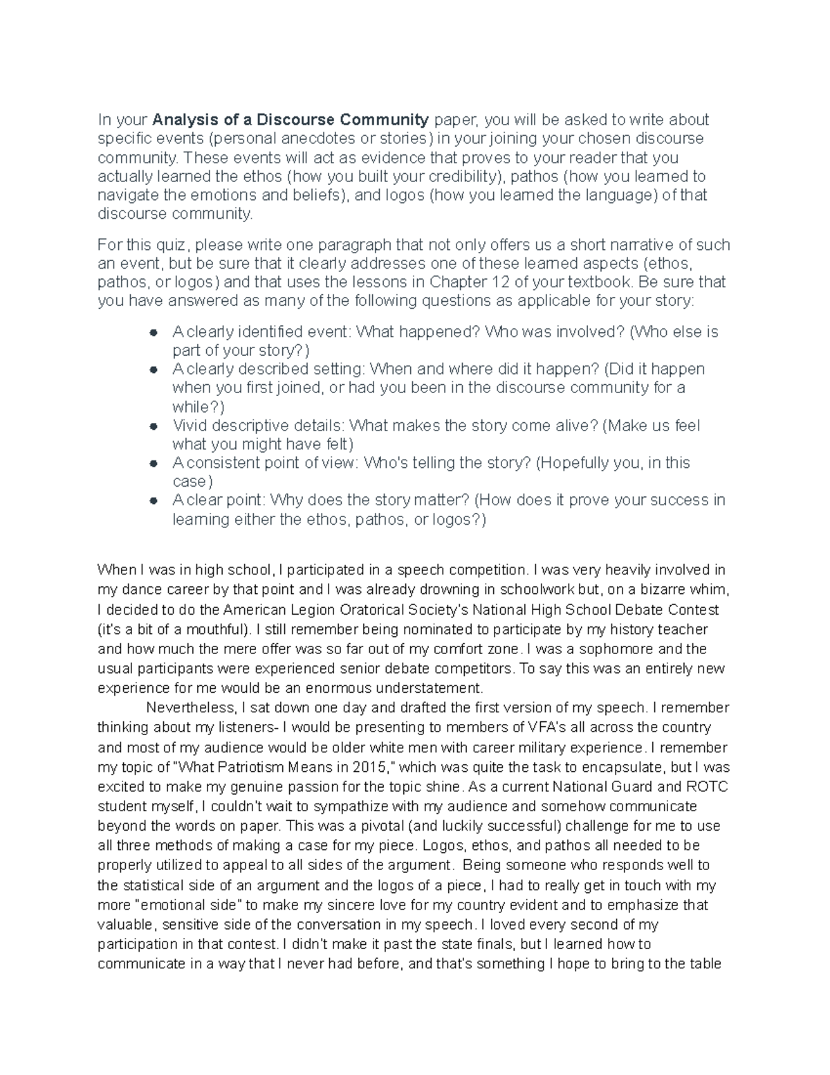 Quiz 2 Discourse Community Opportunity - In your Analysis of a ...