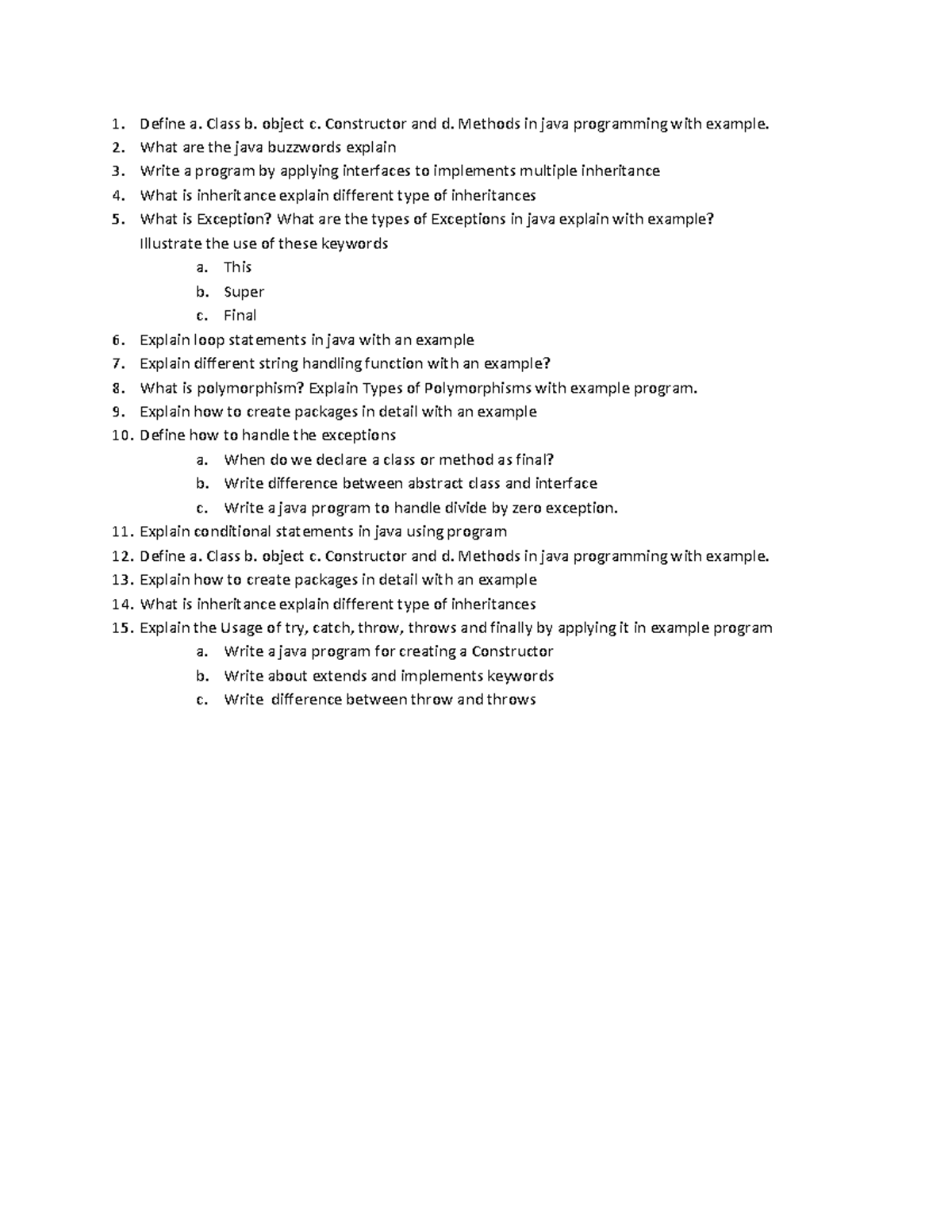 Java imp questions - Define a. Class b. object c. Constructor and d. Methods in java programming ...