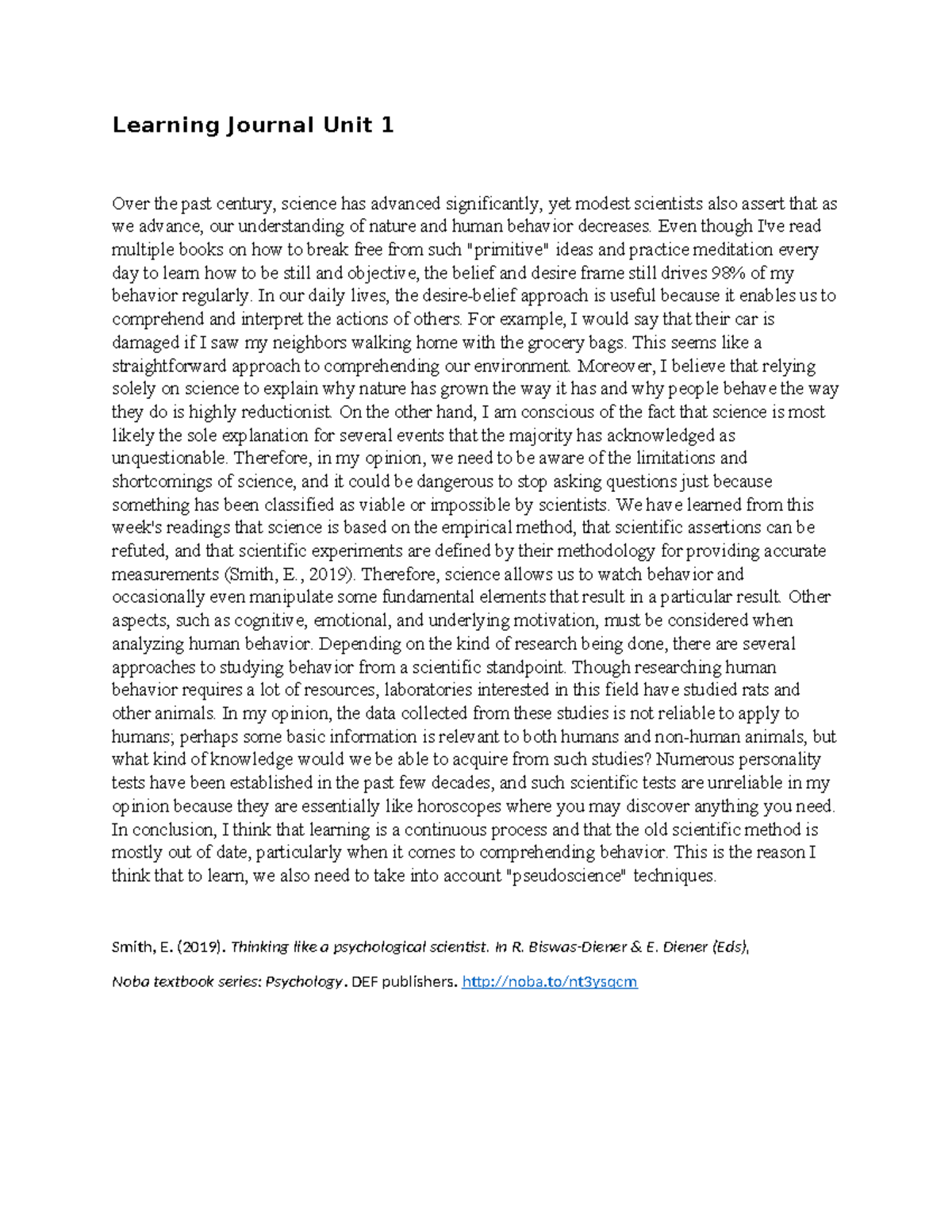 learning journal unit 1 Introduction to Psychology (PSYC 1505 ...