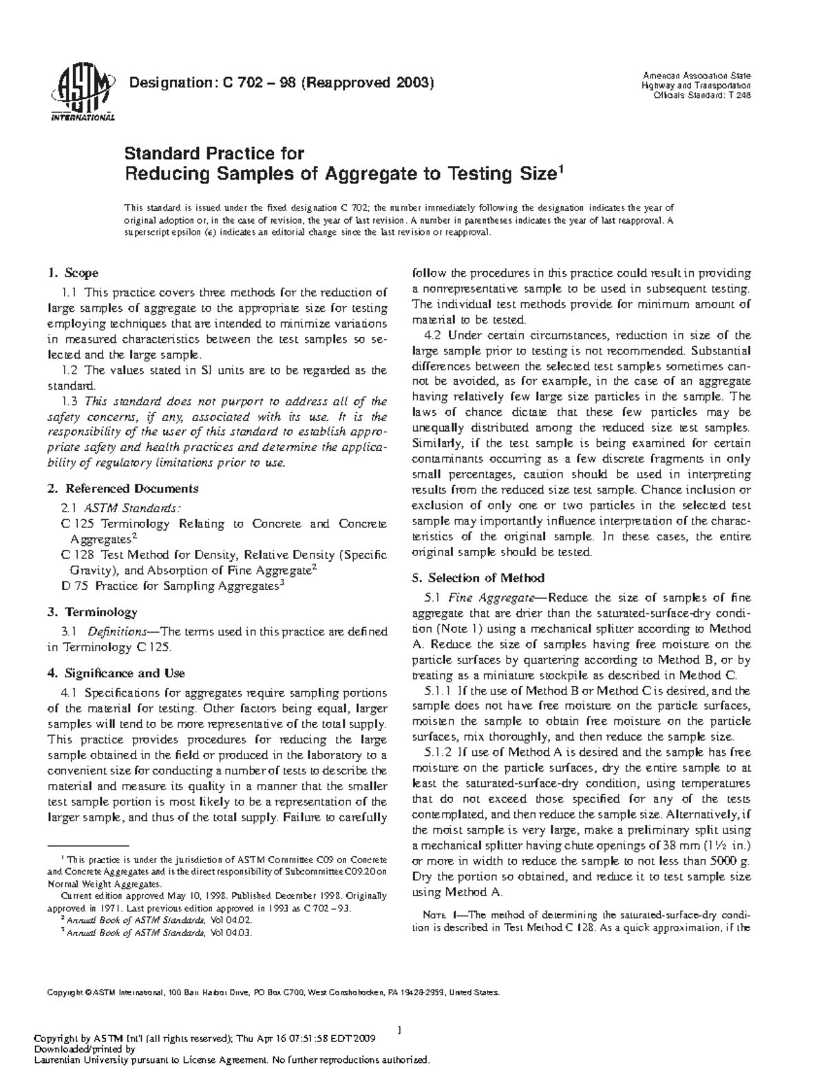 C702 - FGH - Designation: C 702 – 98 (Reapproved 2003) American ...