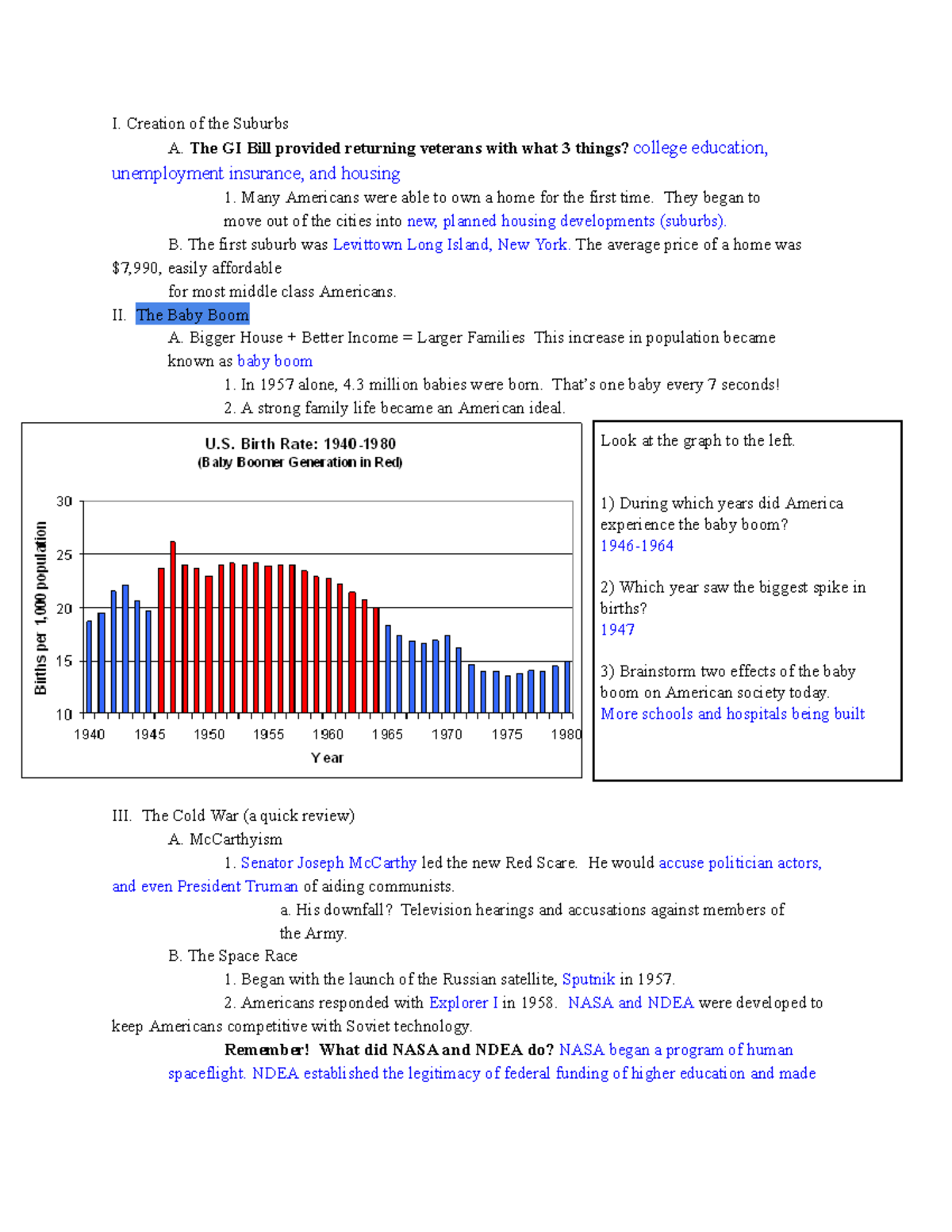 Notes #1 Life in the 1950s - I. Creation of the Suburbs A. The GI Bill ...