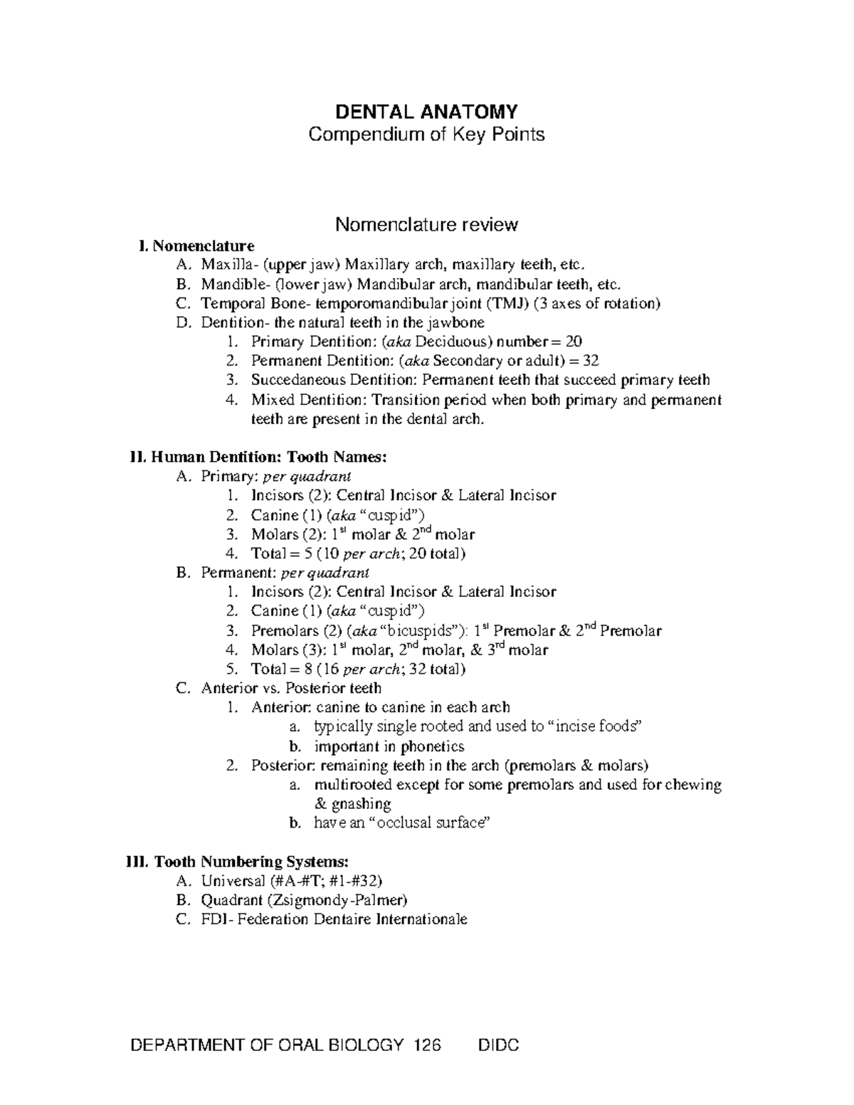 Compendium of key points - DENTAL ANATOMY Compendium of Key Points ...