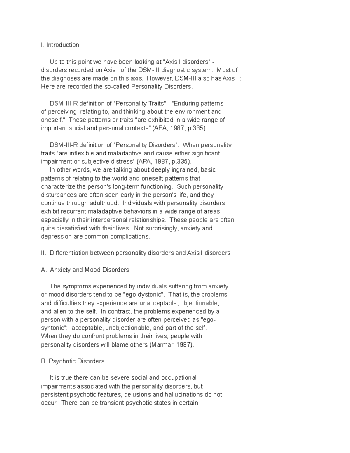 Lecture 17 Personality Disorders - I. Introduction Up to this point we ...