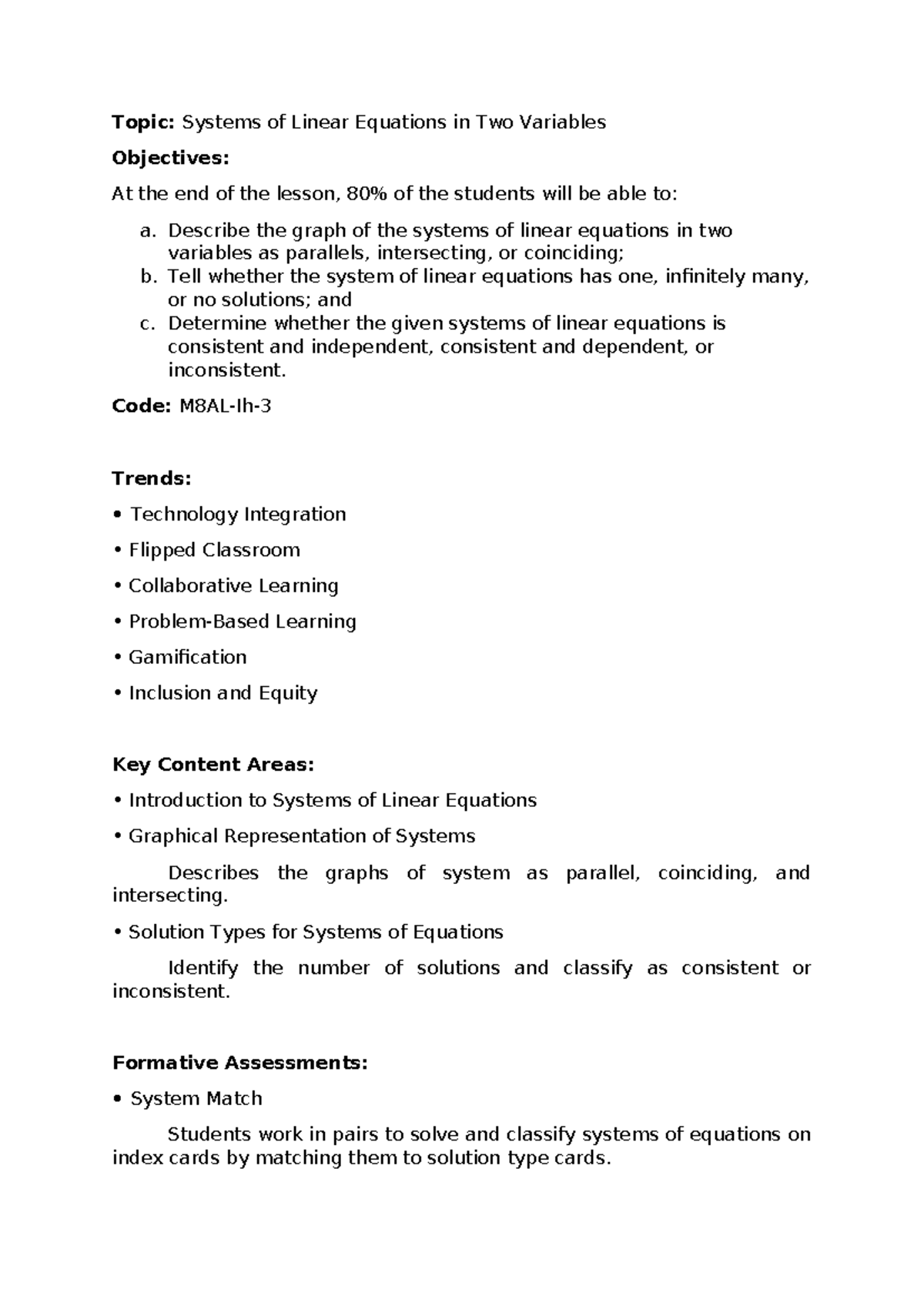 Curiculum OL - assessment plan - Topic: Systems of Linear Equations in ...