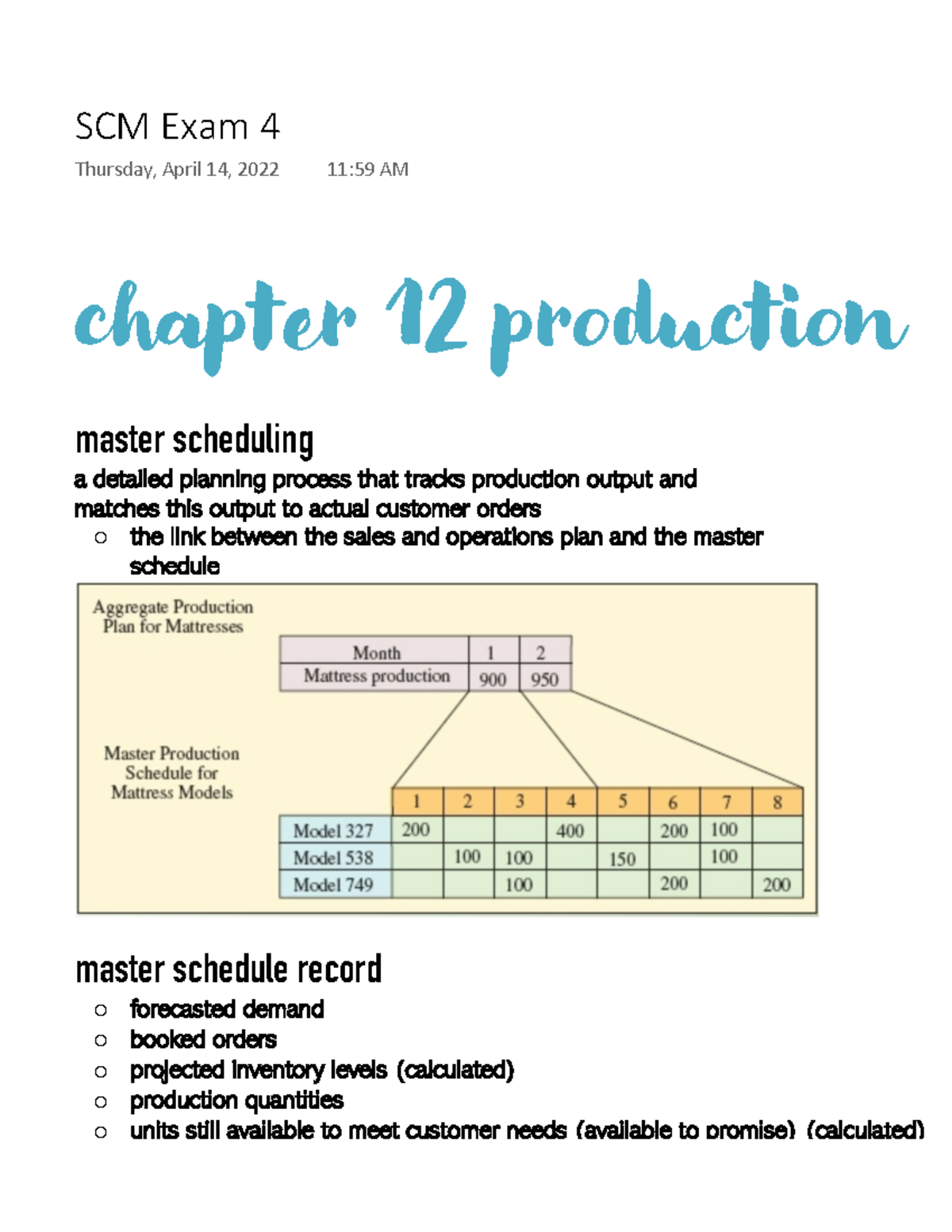 SCM Exam 4 - Exam 4 - chapter 12 production master scheduling a detailed planning process that ...