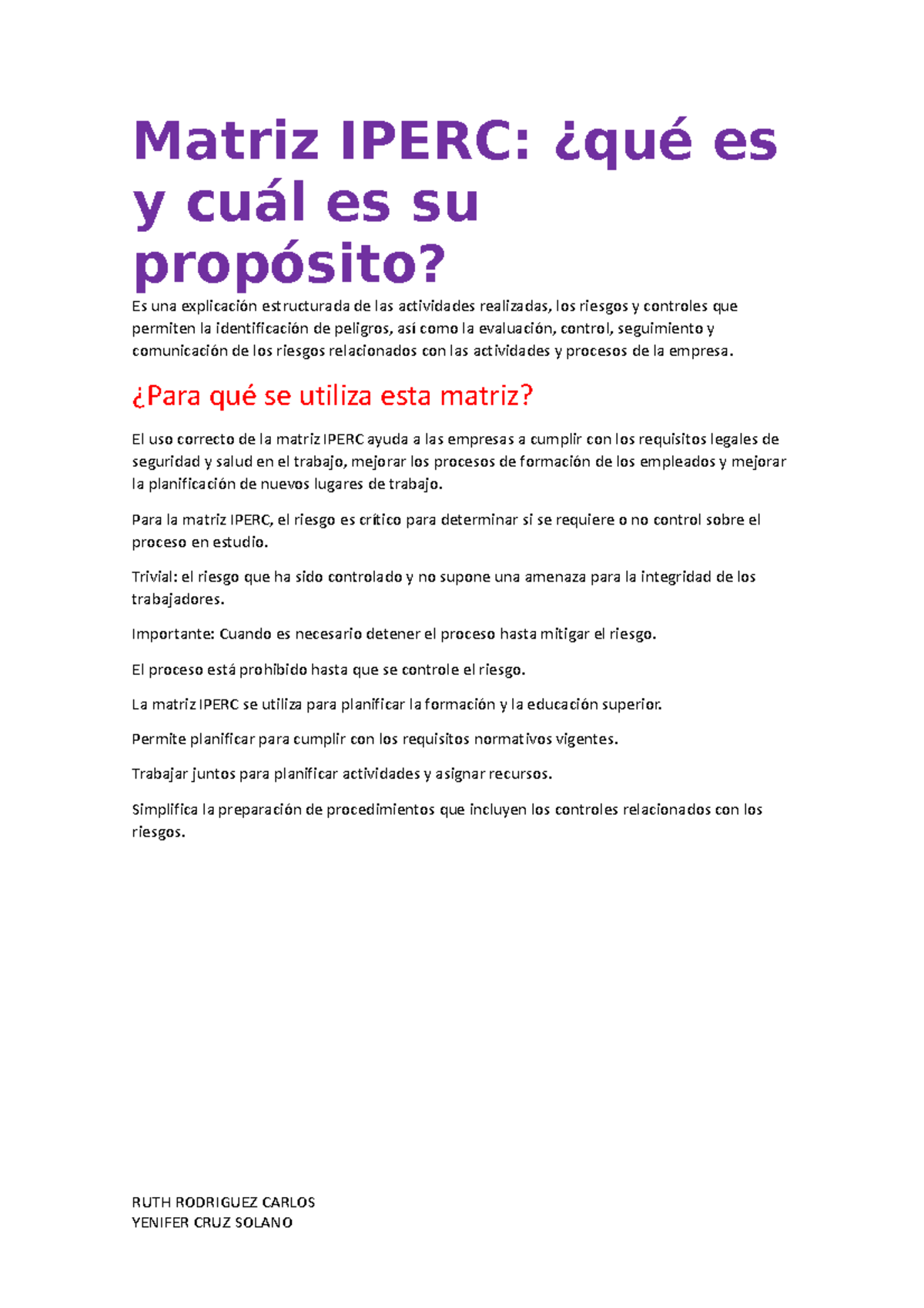 Matriz Iperc resumen de que es - Matriz IPERC: ¿qué es y cuál es su propósito? Es una ...
