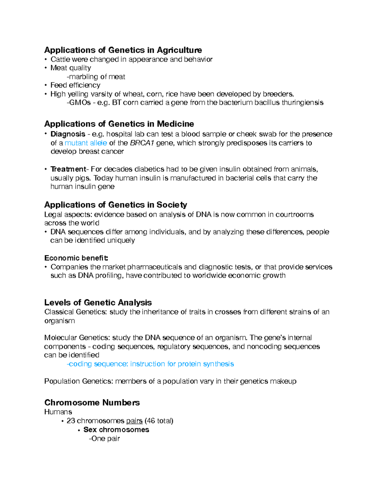 Notes 1/26/22 of Lecture Content - Applications of Genetics in ...