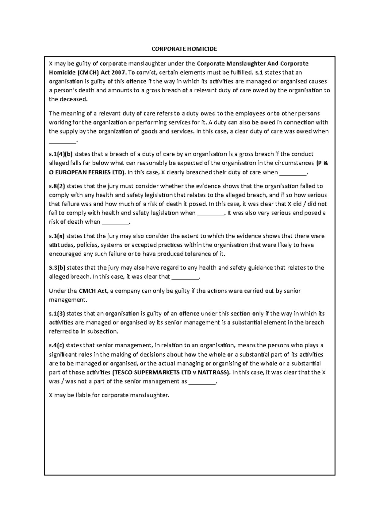 Corporate Homicide Template - CORPORATE HOMICIDE X may be guilty of ...