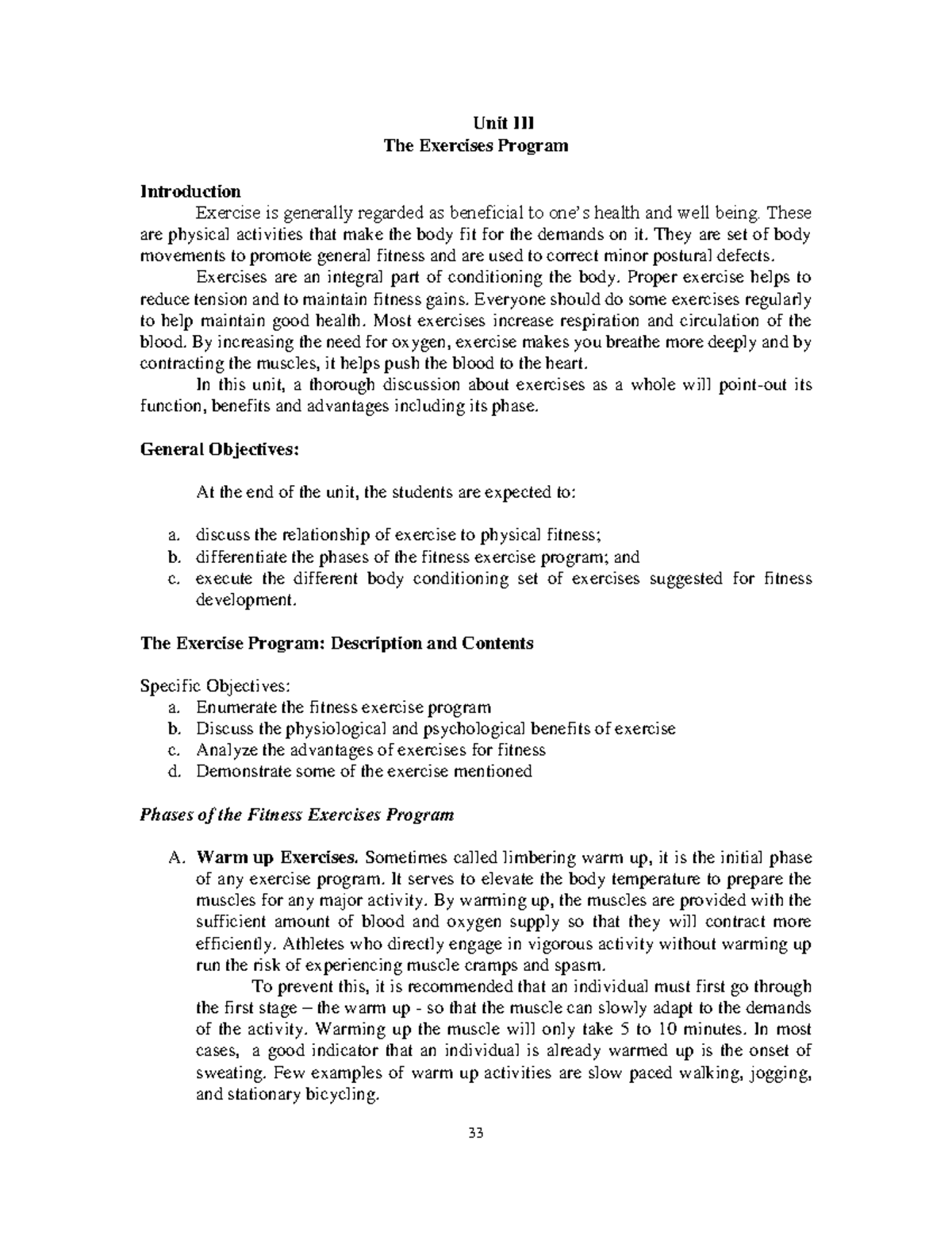 Prelim OF PATH - Lecture notes 7 - Unit III The Exercises Program ...